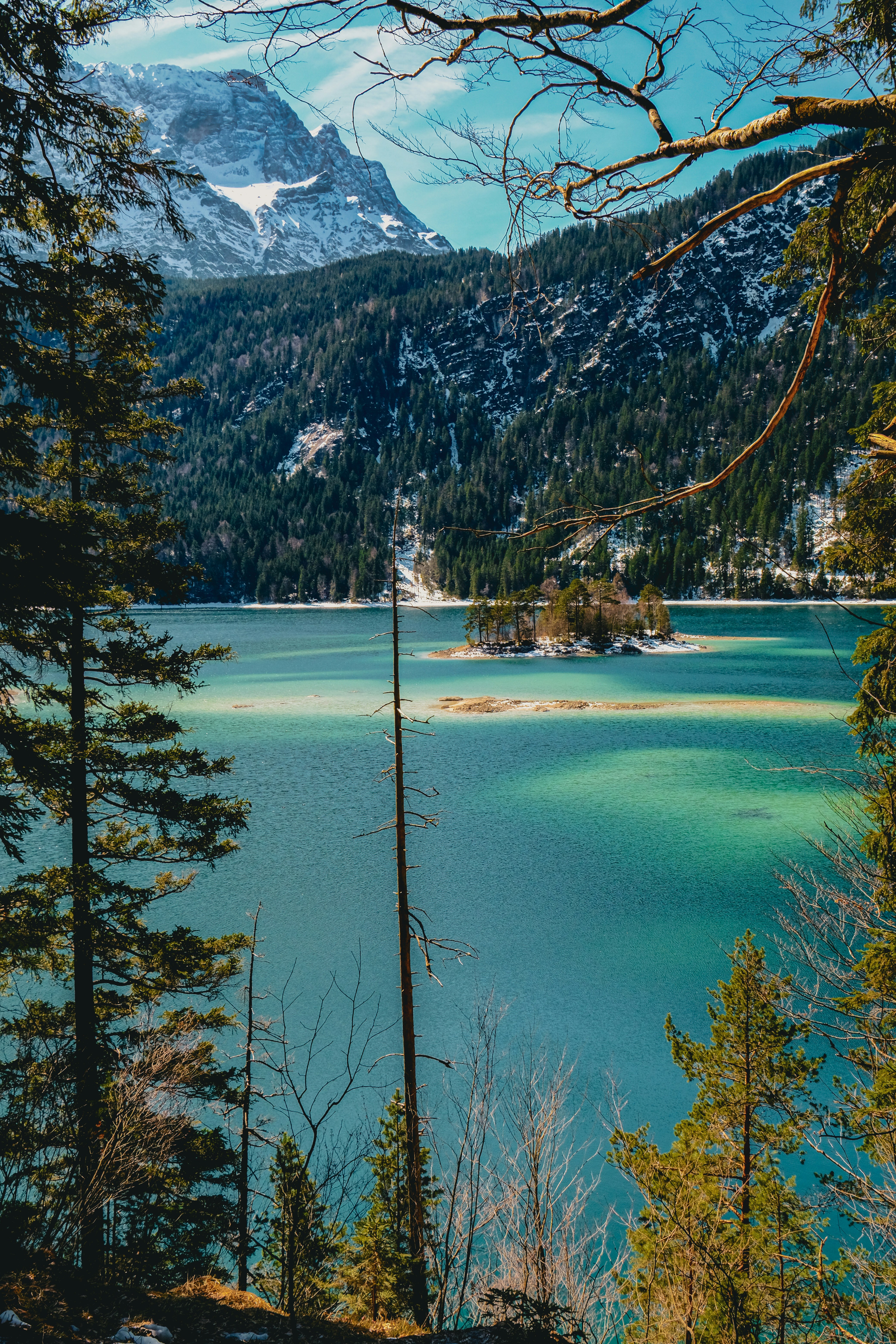 Emerald Lake Framed by Pines and Snowy Peaks