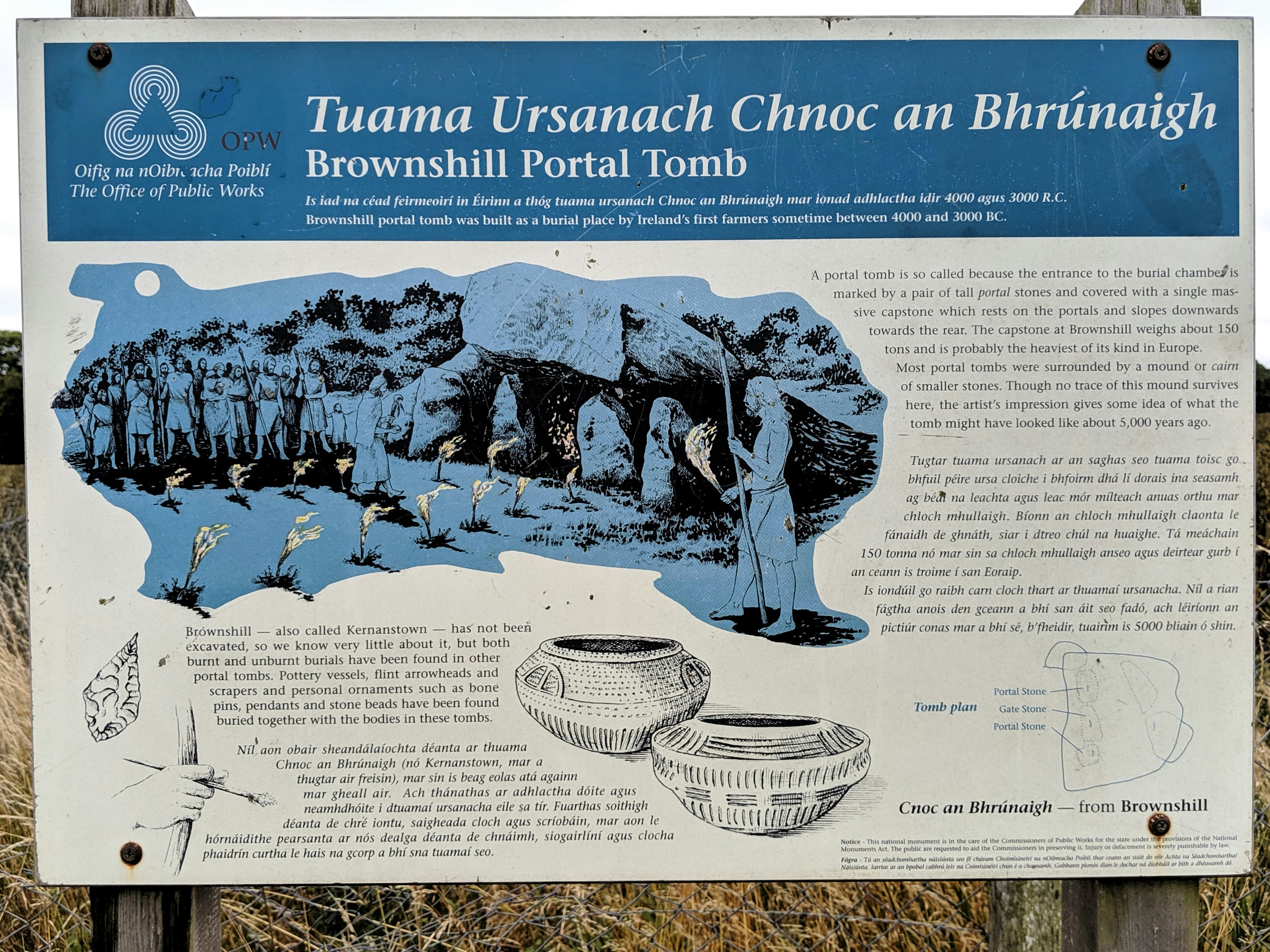 Blue Informational Sign: Brownshill Portal Tomb Scene and Artwork