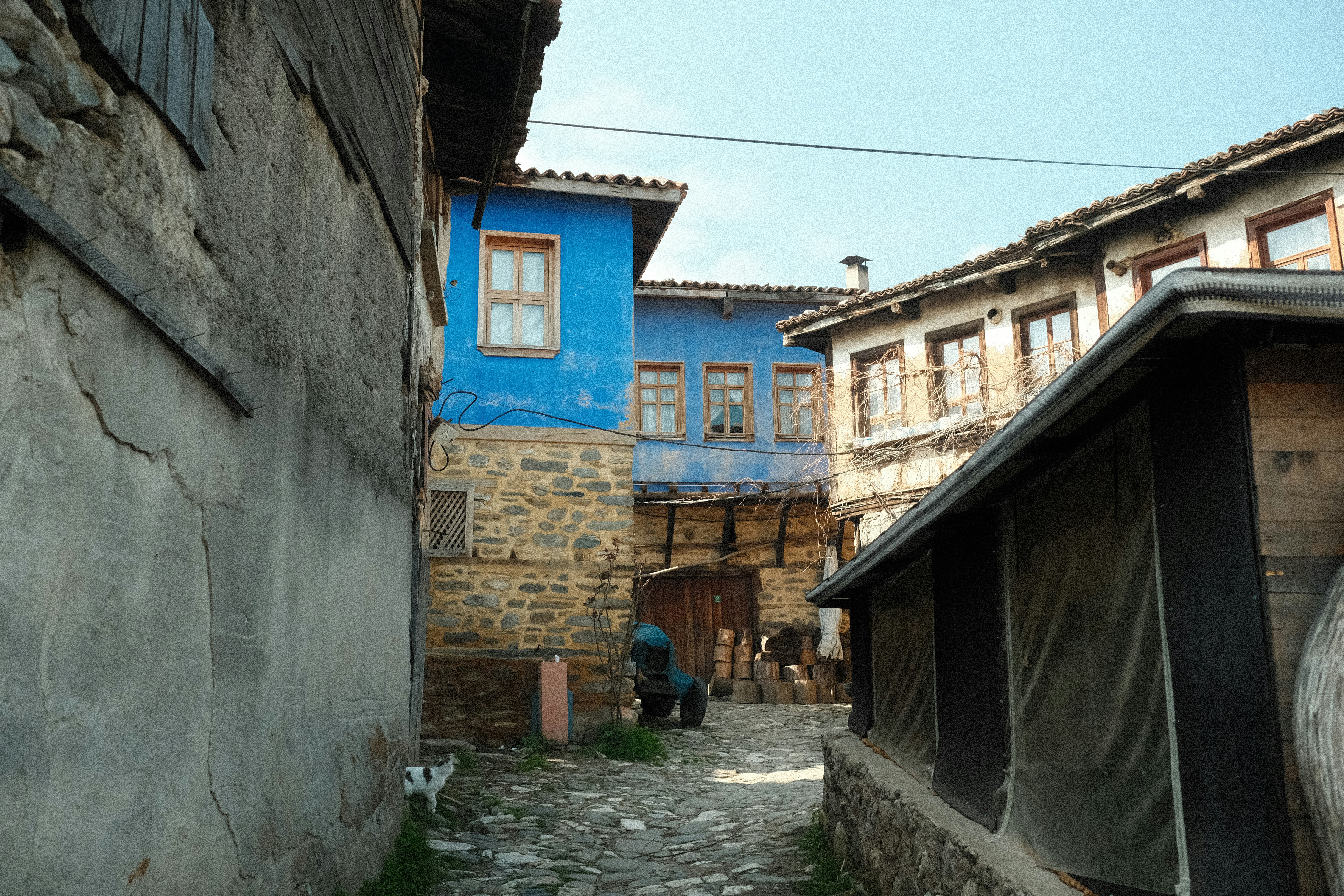 Blue House at the End of a Cobblestone Lane