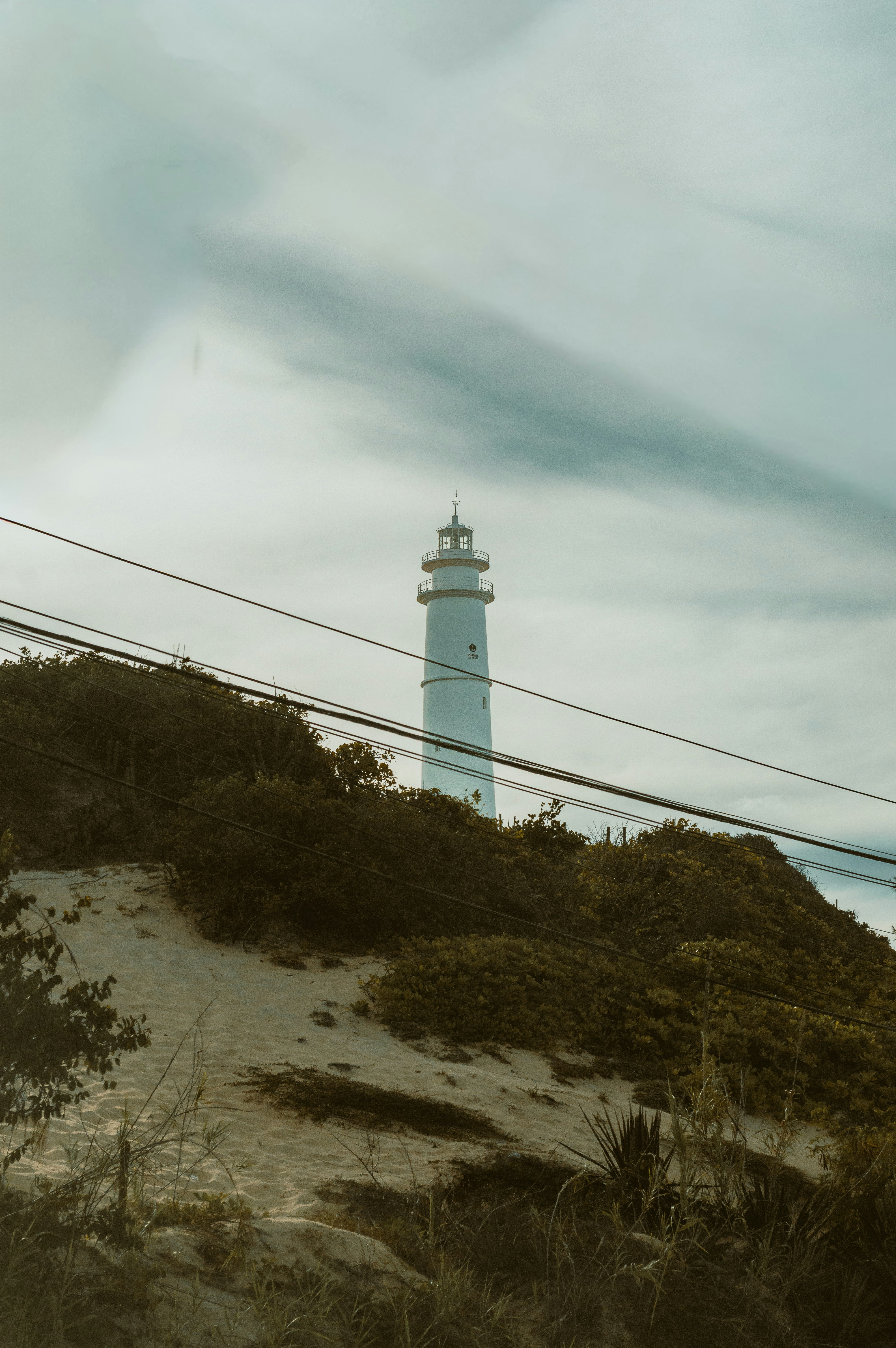 Beacon Above the Dunes: A Coastal Lighthouse Rising Over Wild Shrub