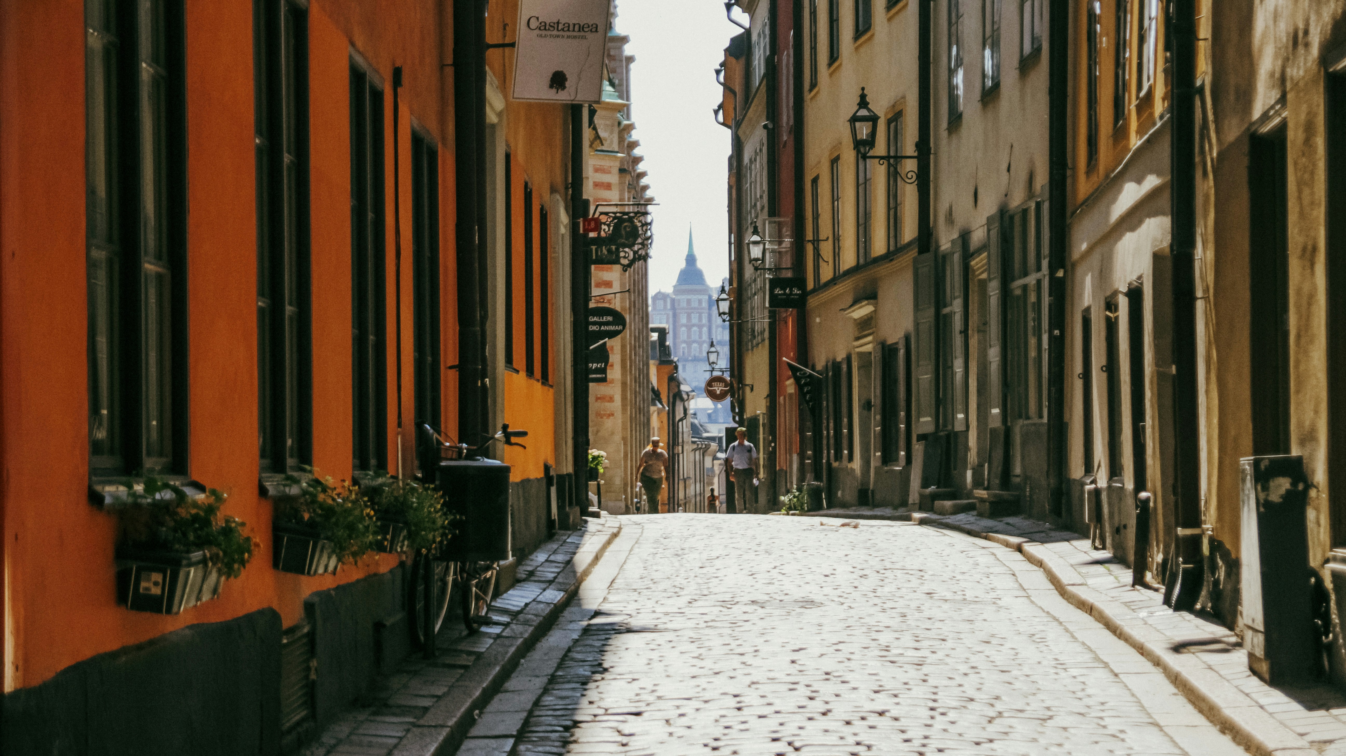 Cobbled Street to the City’s Gable: A Sunlit Alley Toward a Distant Silhouette