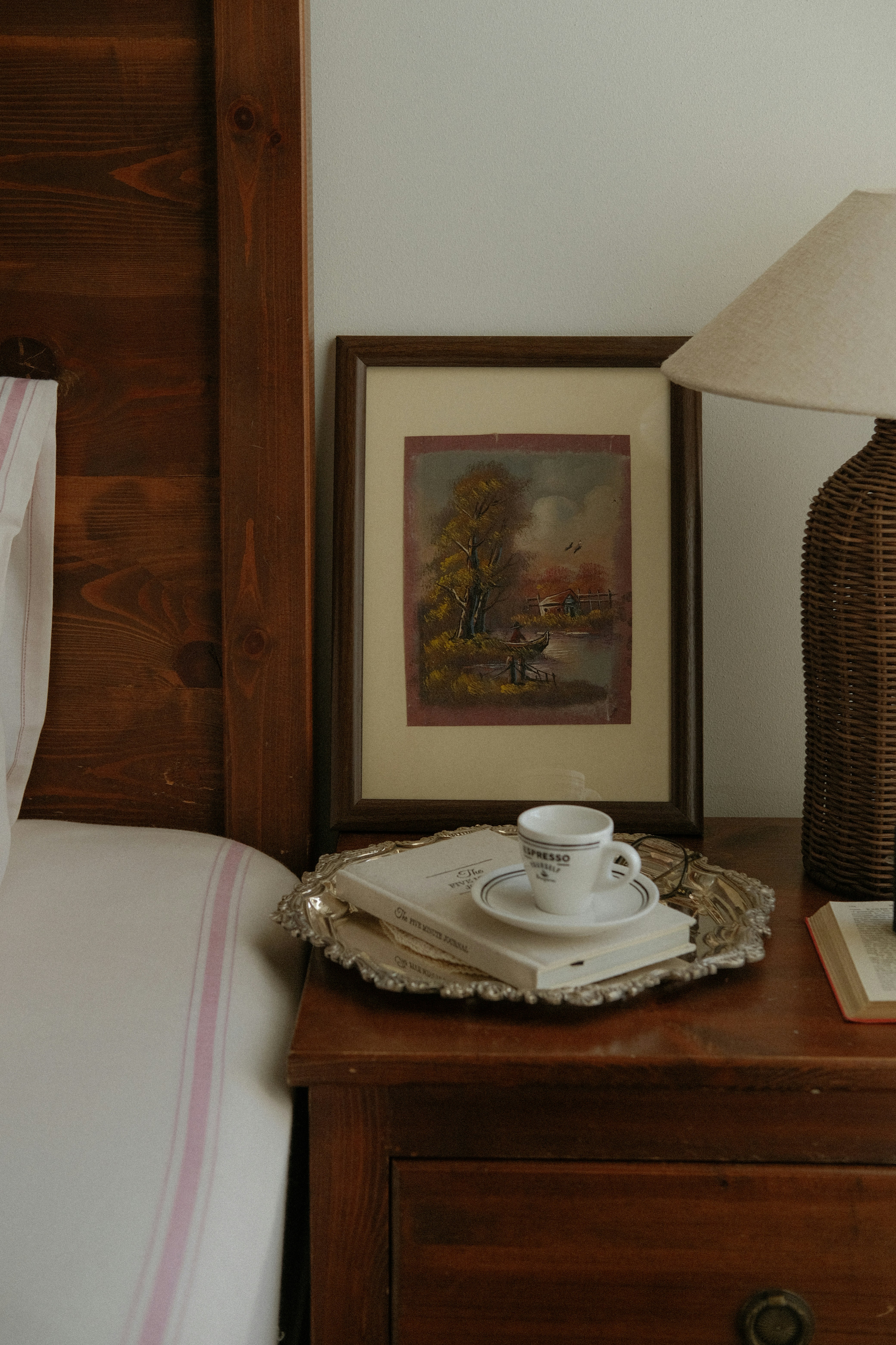 Quiet Corner Portrait: Framed Tree Scene by the Bedside Lamp