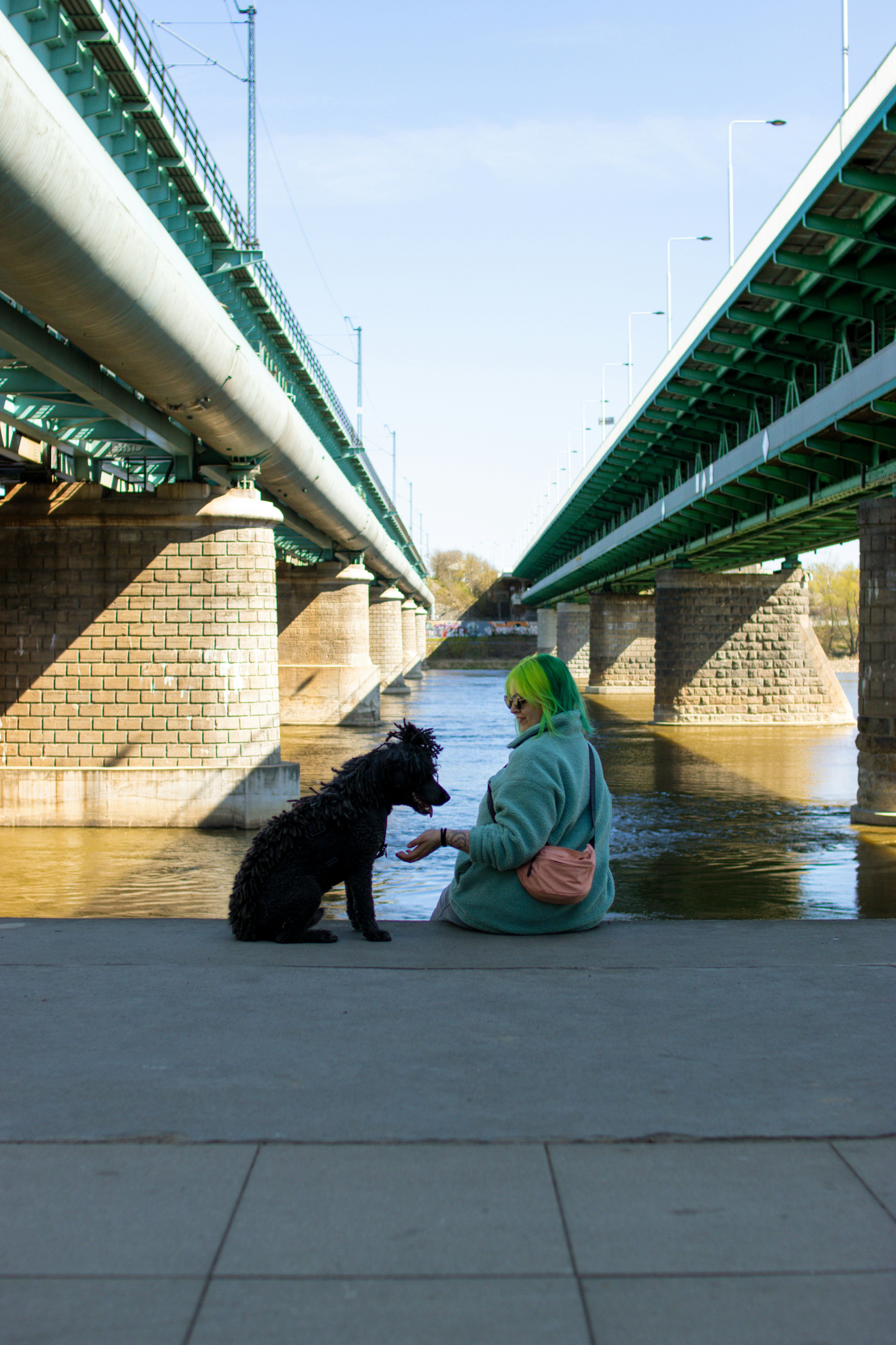 Quiet Exchange by the River: A Woman with Green Hair and a Dog Under the Bridge