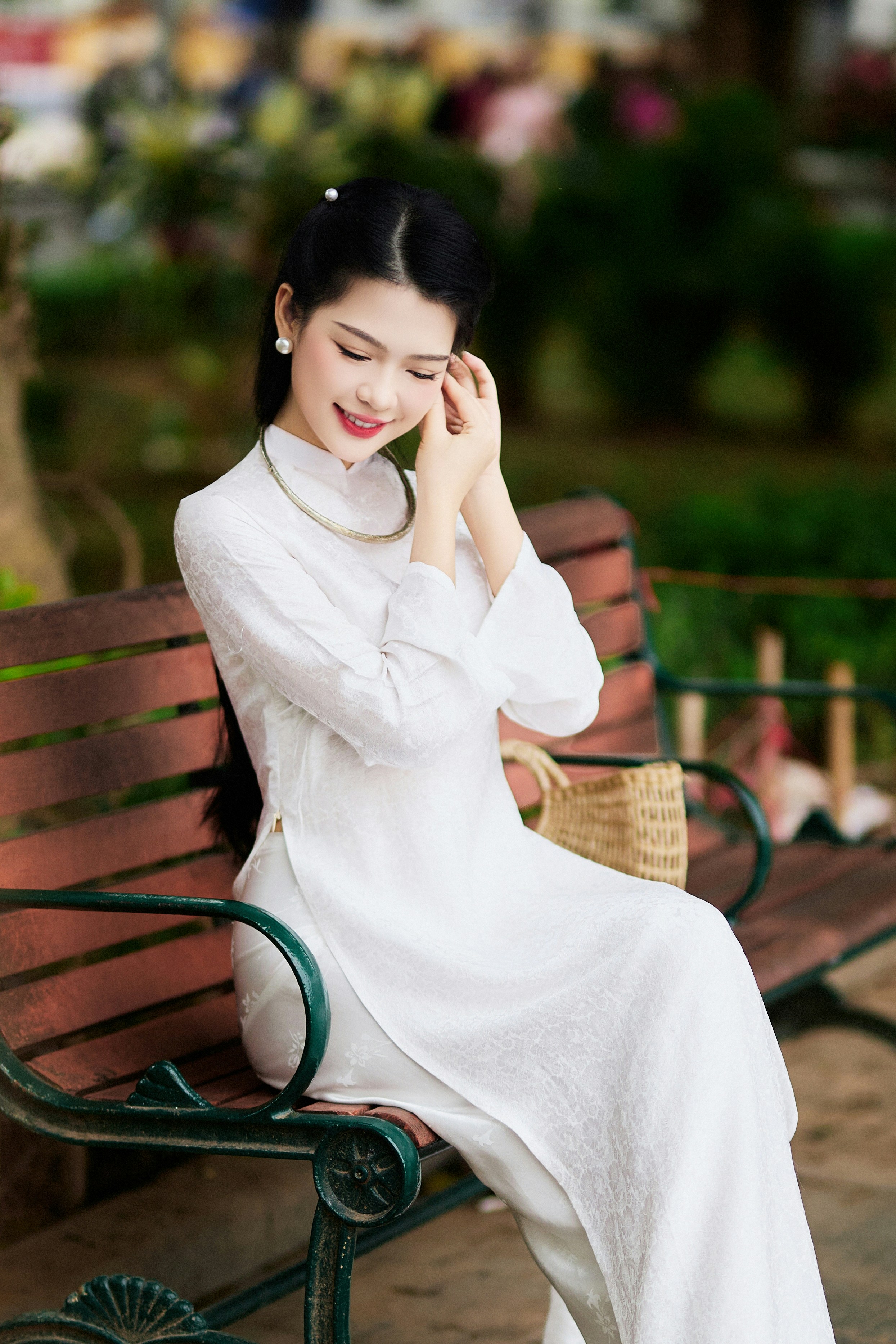 White Cheongsam in the Park: Quiet Grace on a Wooden Bench