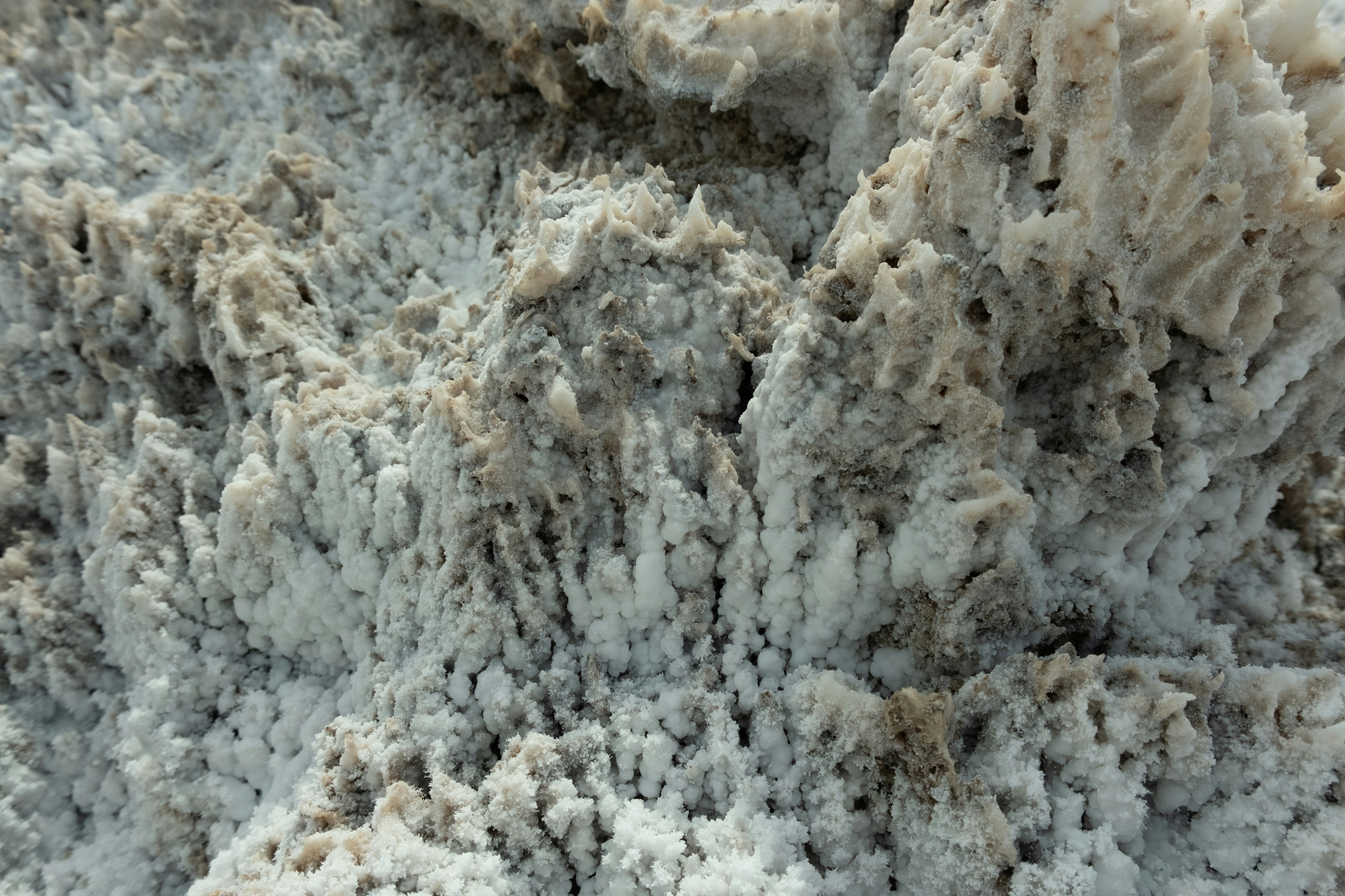 Close-up of a textured mineral surface with fibrous, stalactite-like formations in pale gray and beige tones. Abstract geology detail highlighting intricate micro-structure and depth.