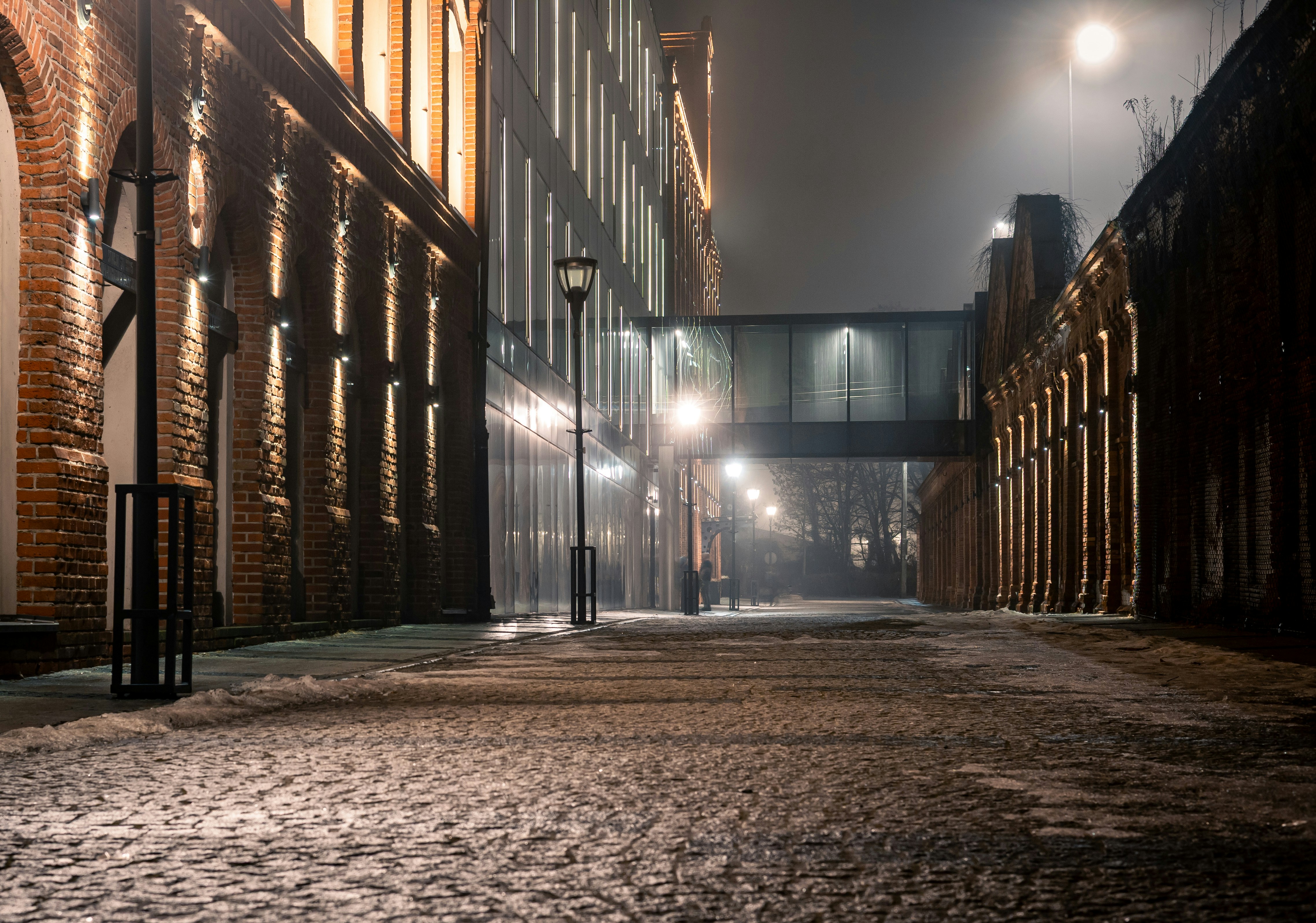 Nocturnal Cobblestone Corridor Under Glassed Bridge