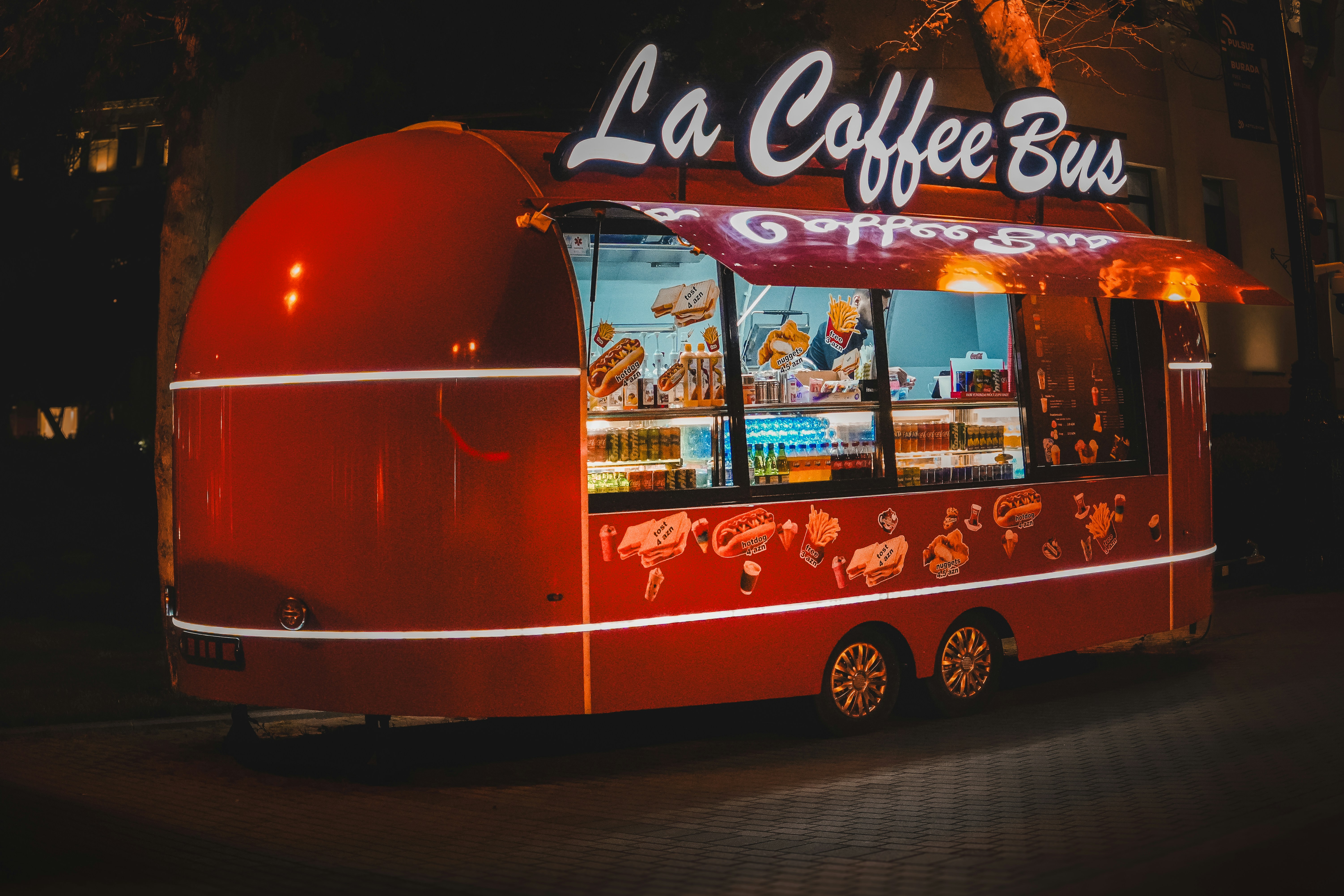 A Steaming Red Lab on Wheels: La Coffee Bus at Night