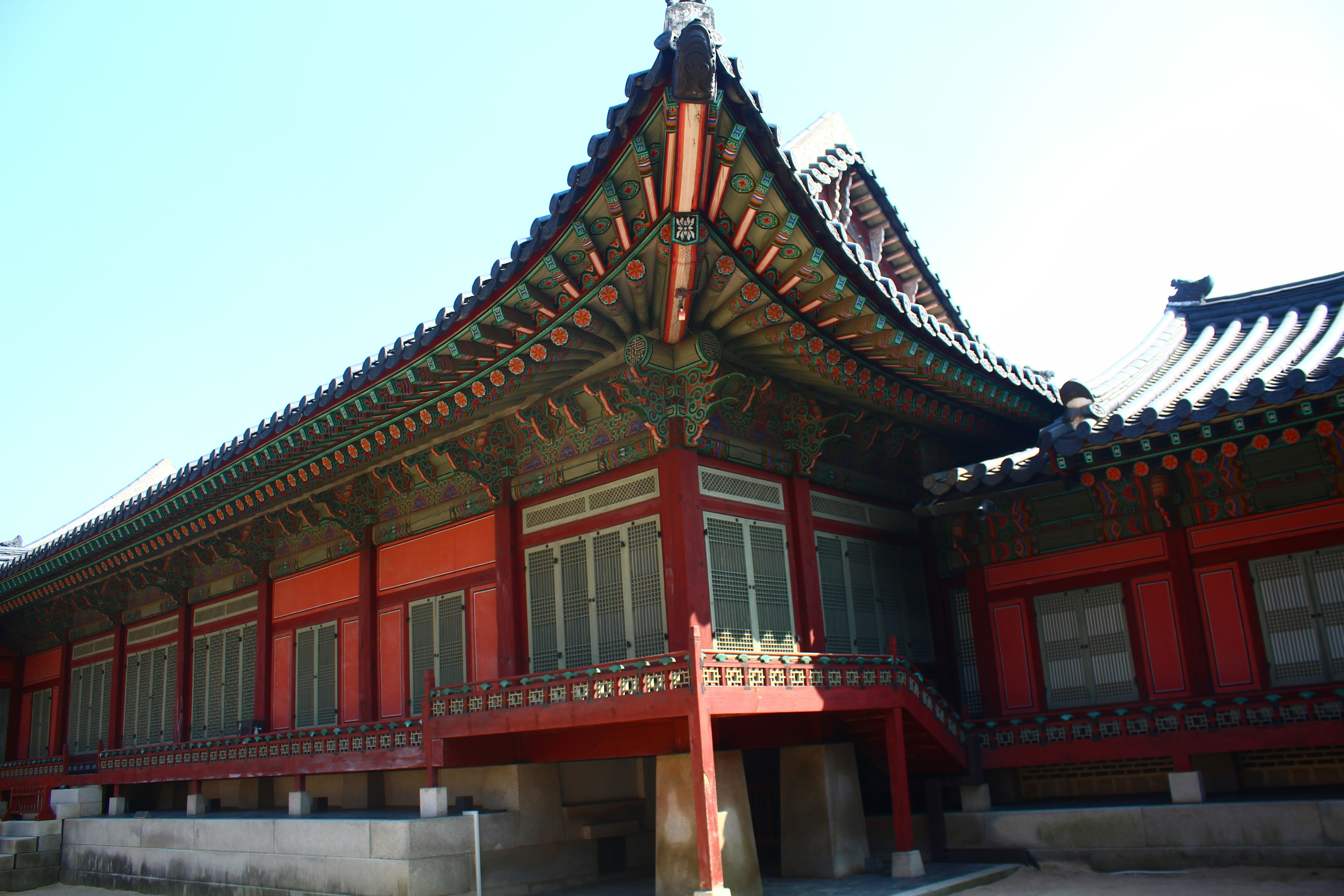 Red Pavilion, Painted Timberwork and Eaves Under a Clear Sky