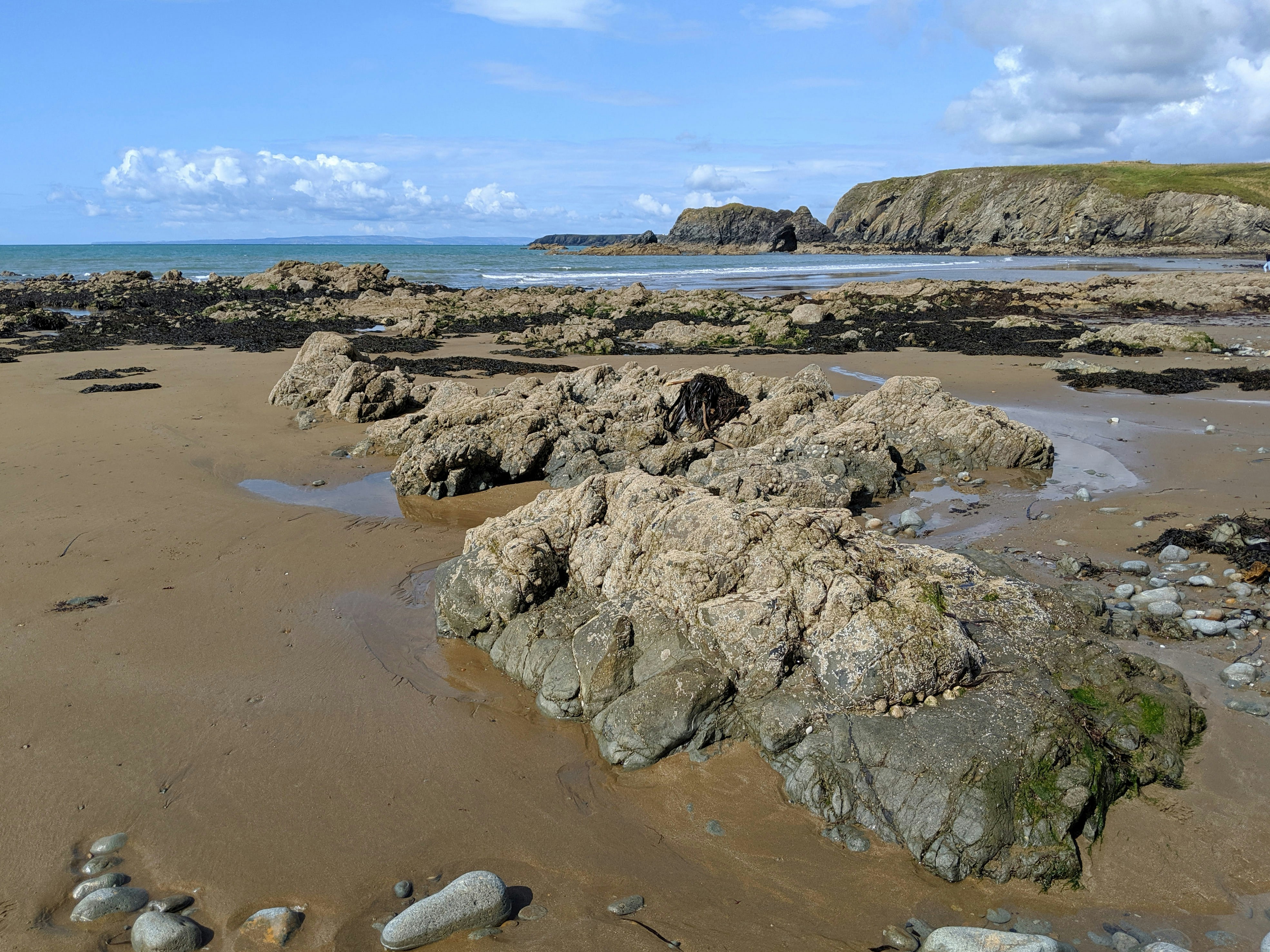 Rocky shoreline with tidal pools under a bright coastal sky