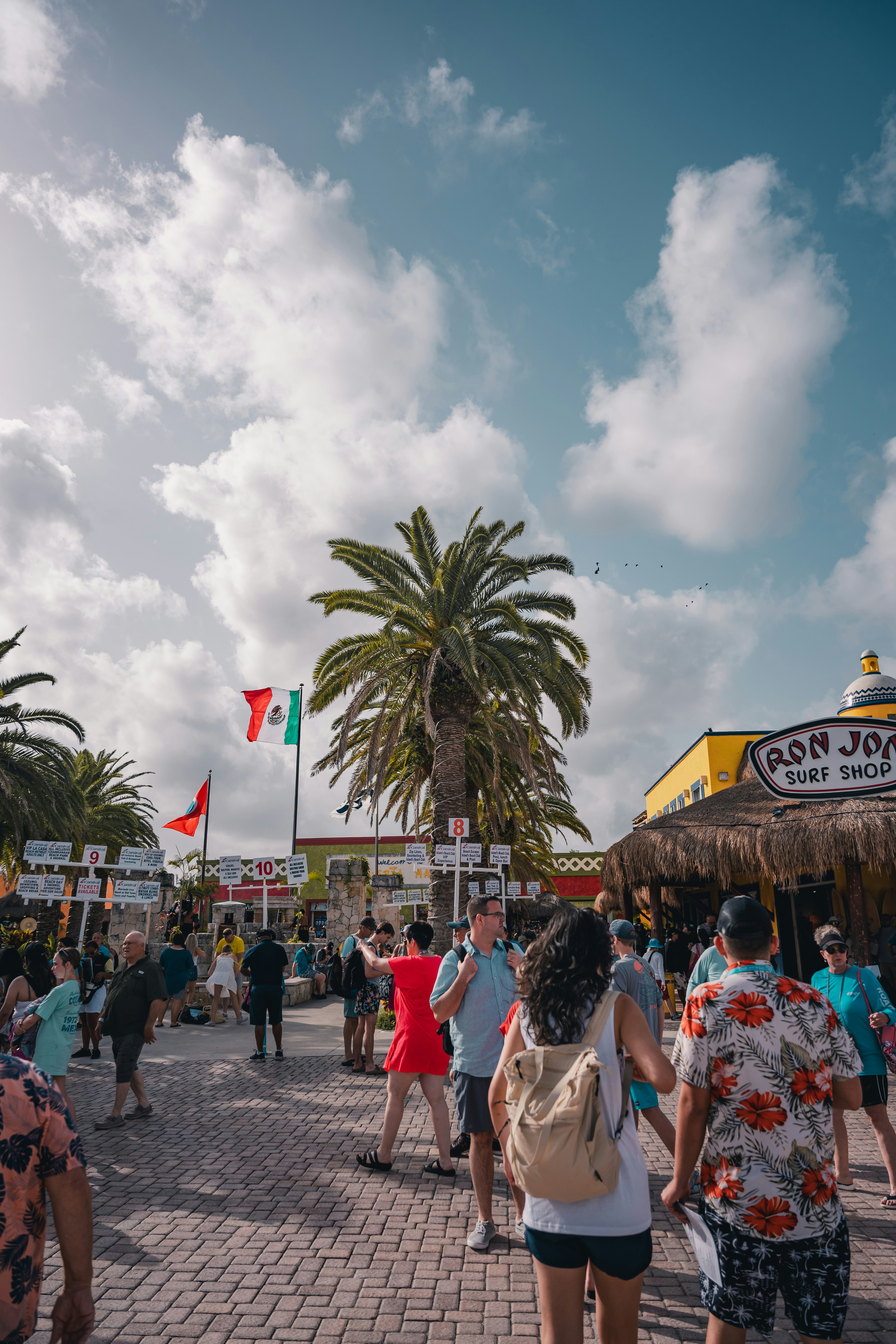 Palm-shaded Boardwalk Festival in Sunny Beachfront Plaza