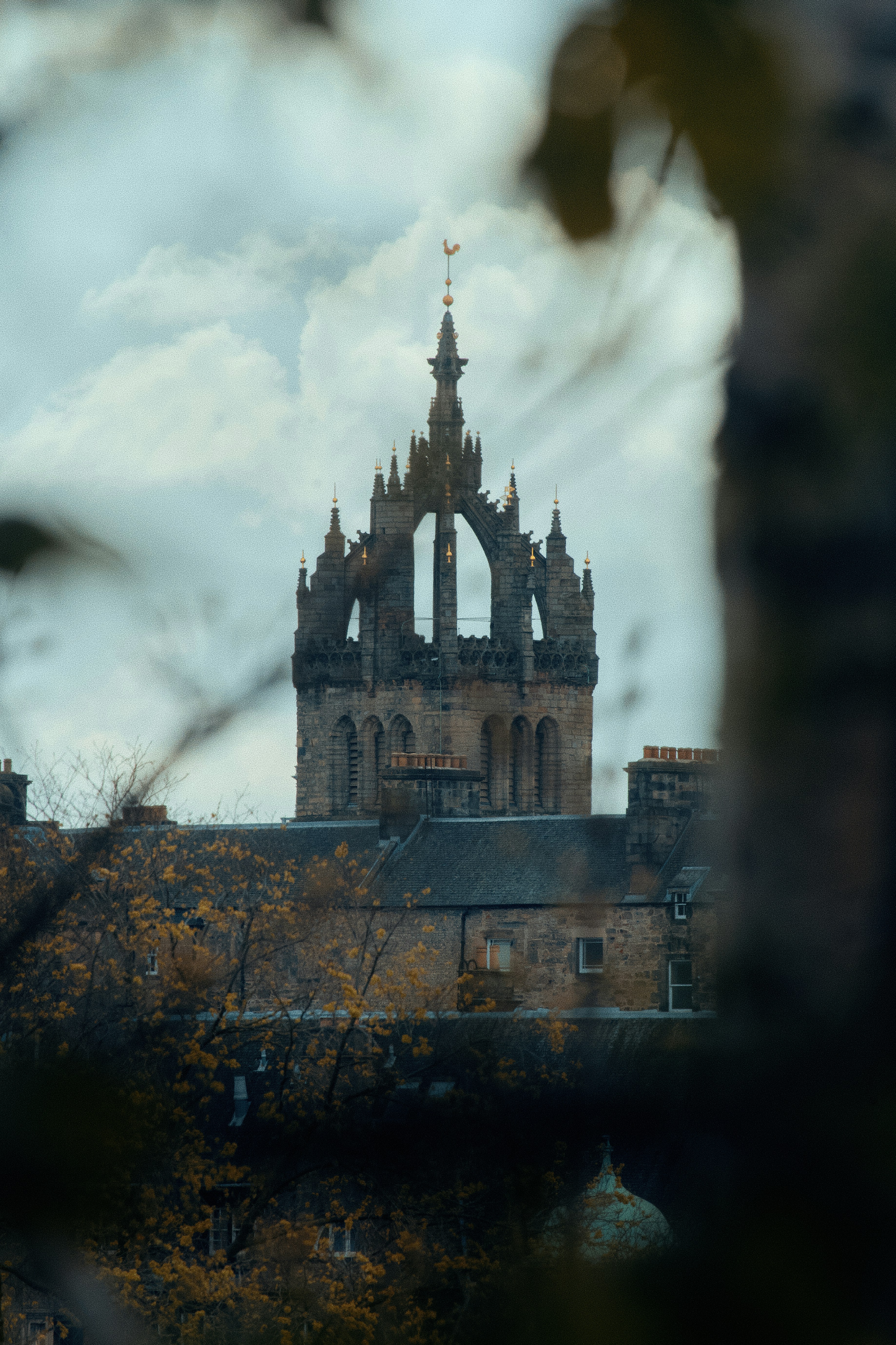 Spire Amid Sky: A Gothic Tower Rising Over Autumn Rooftops