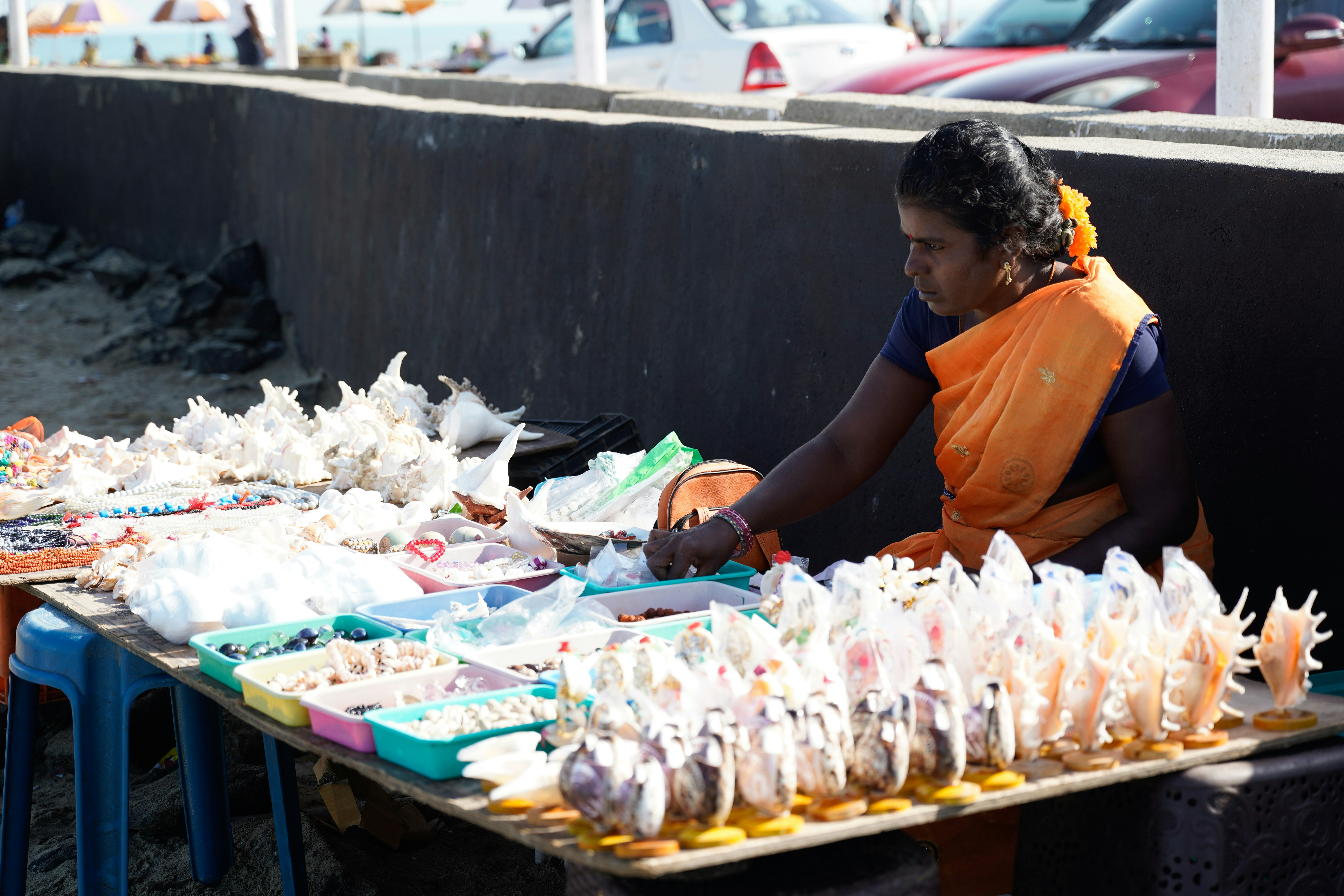 Sea-shell Market Stand: A Vendor Arranges Colorful Treasures by the Waterfront