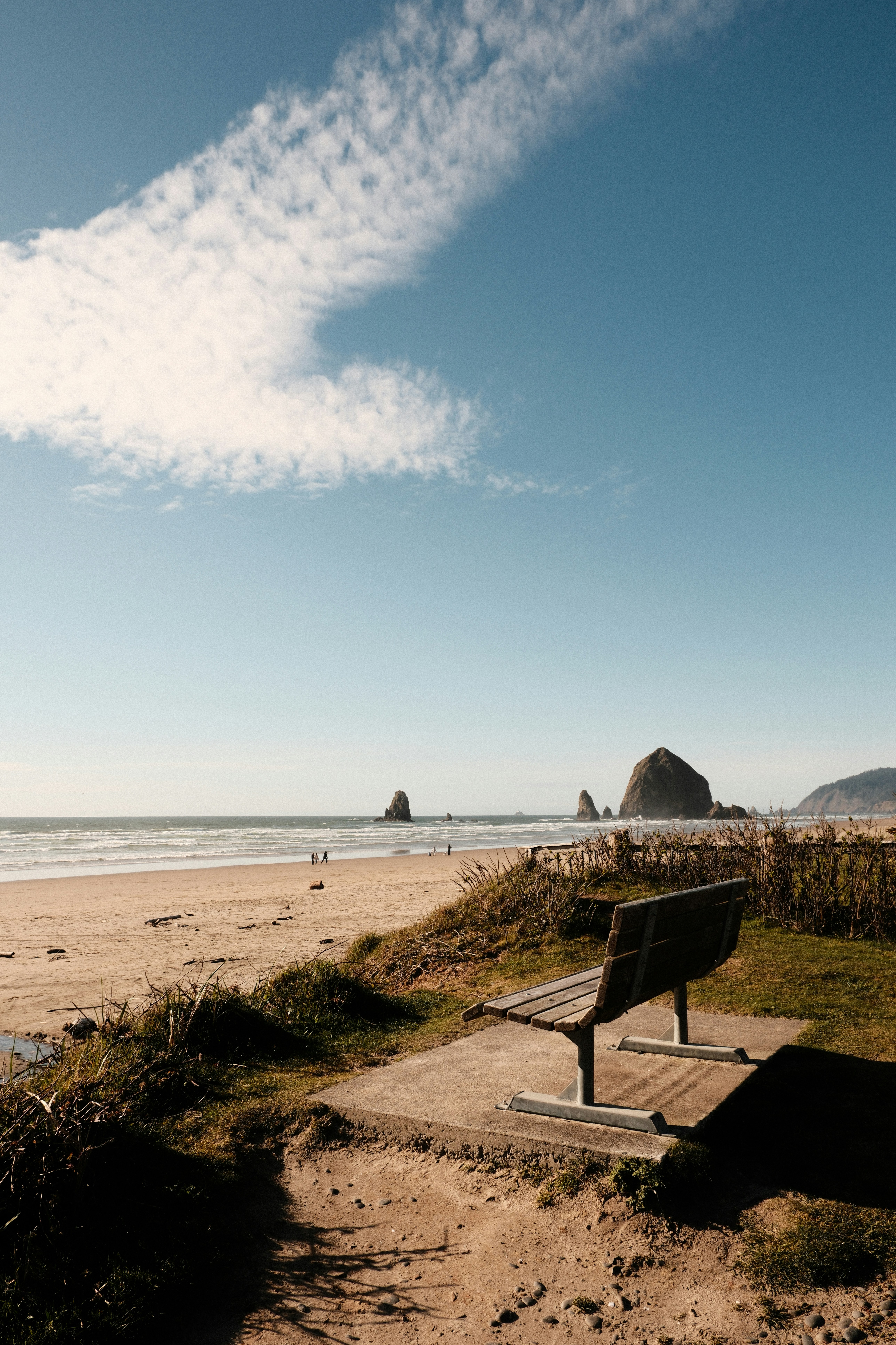Bench by the Shore: Quiet Seascape with Sea Stack Prominence