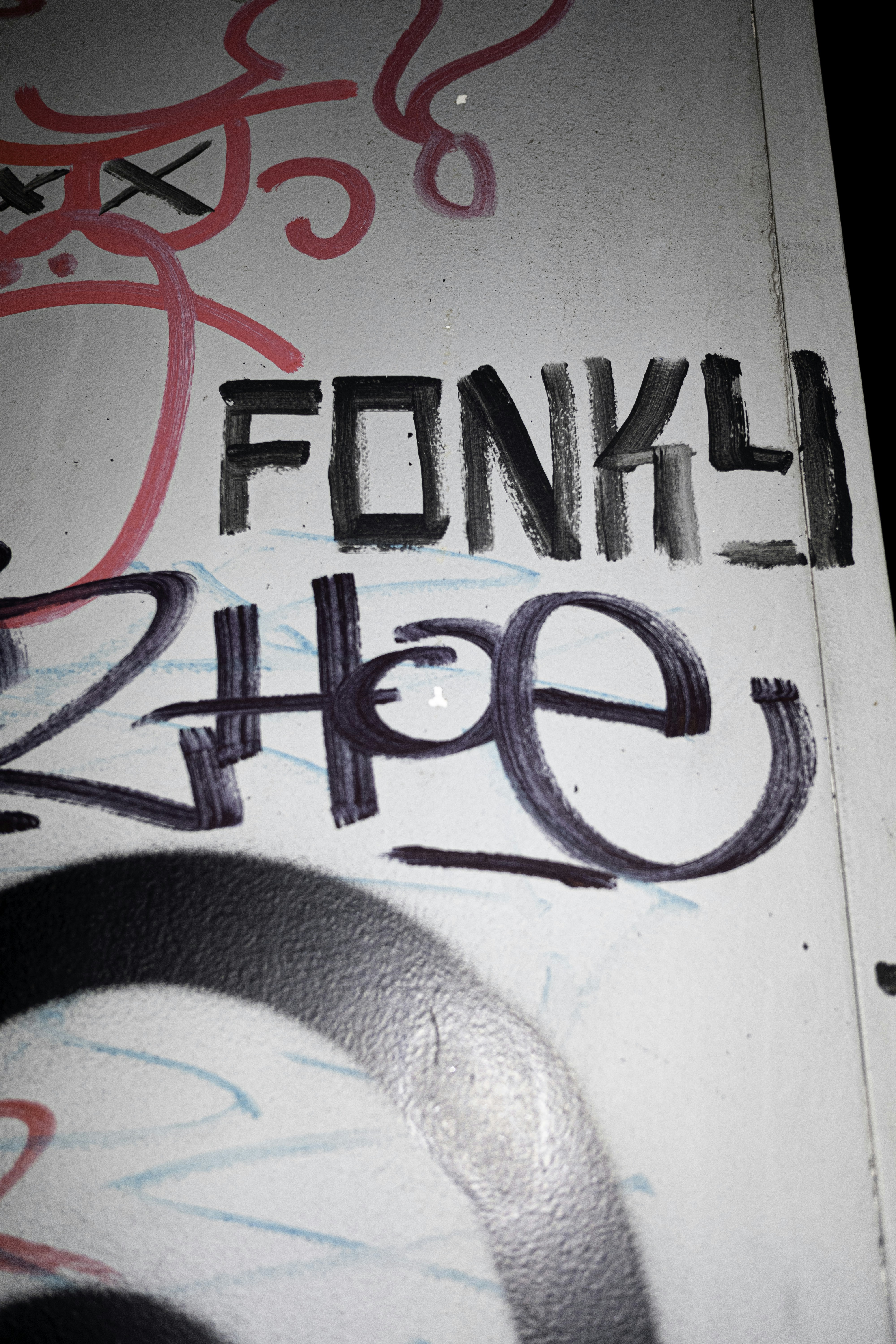 Graffiti Ridge: Bold Lettering and Curved Violet Tags on a White Wall
