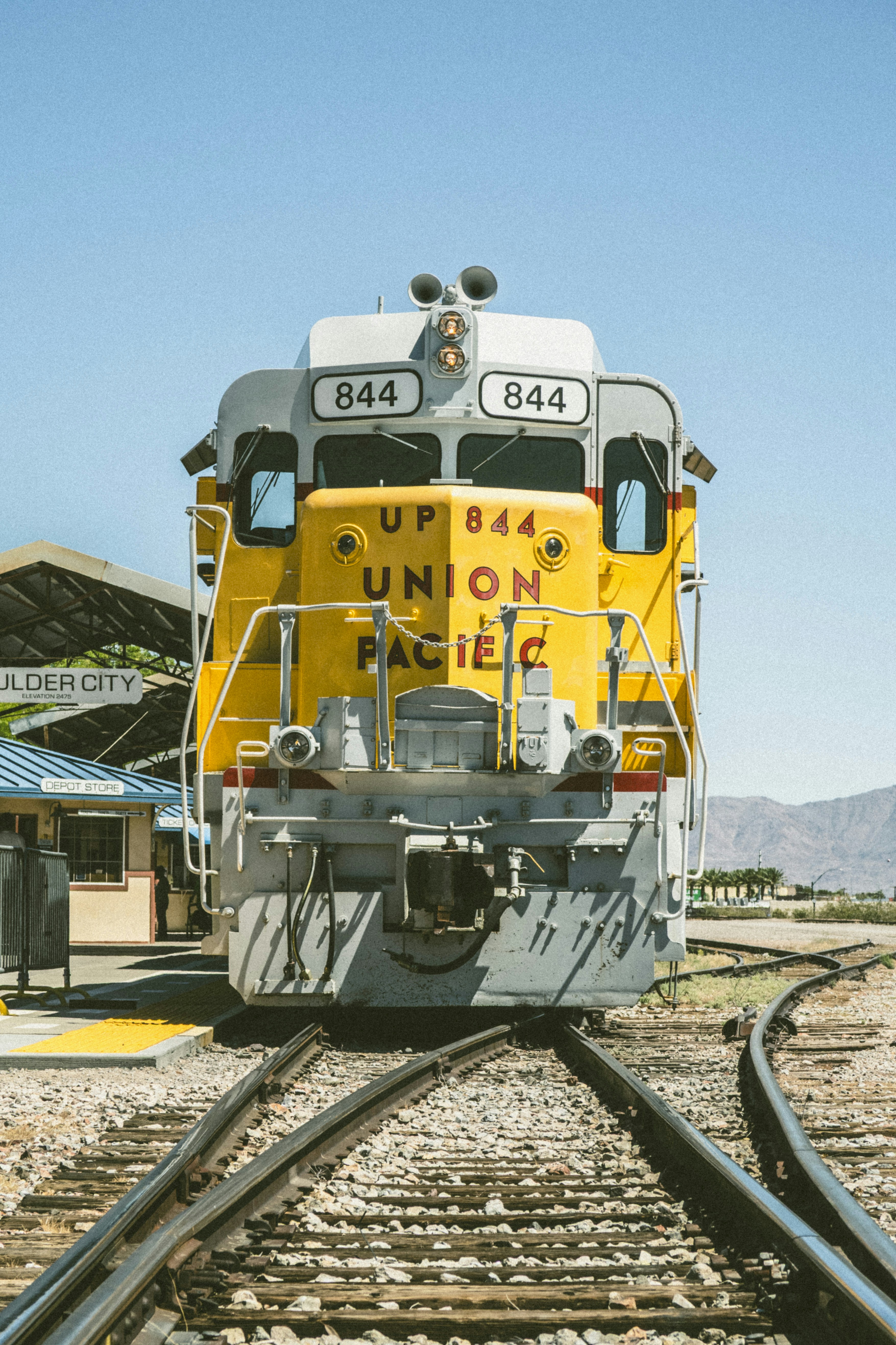 Front-on Union Pacific Locomotive: Bold Yellow Power on Rails