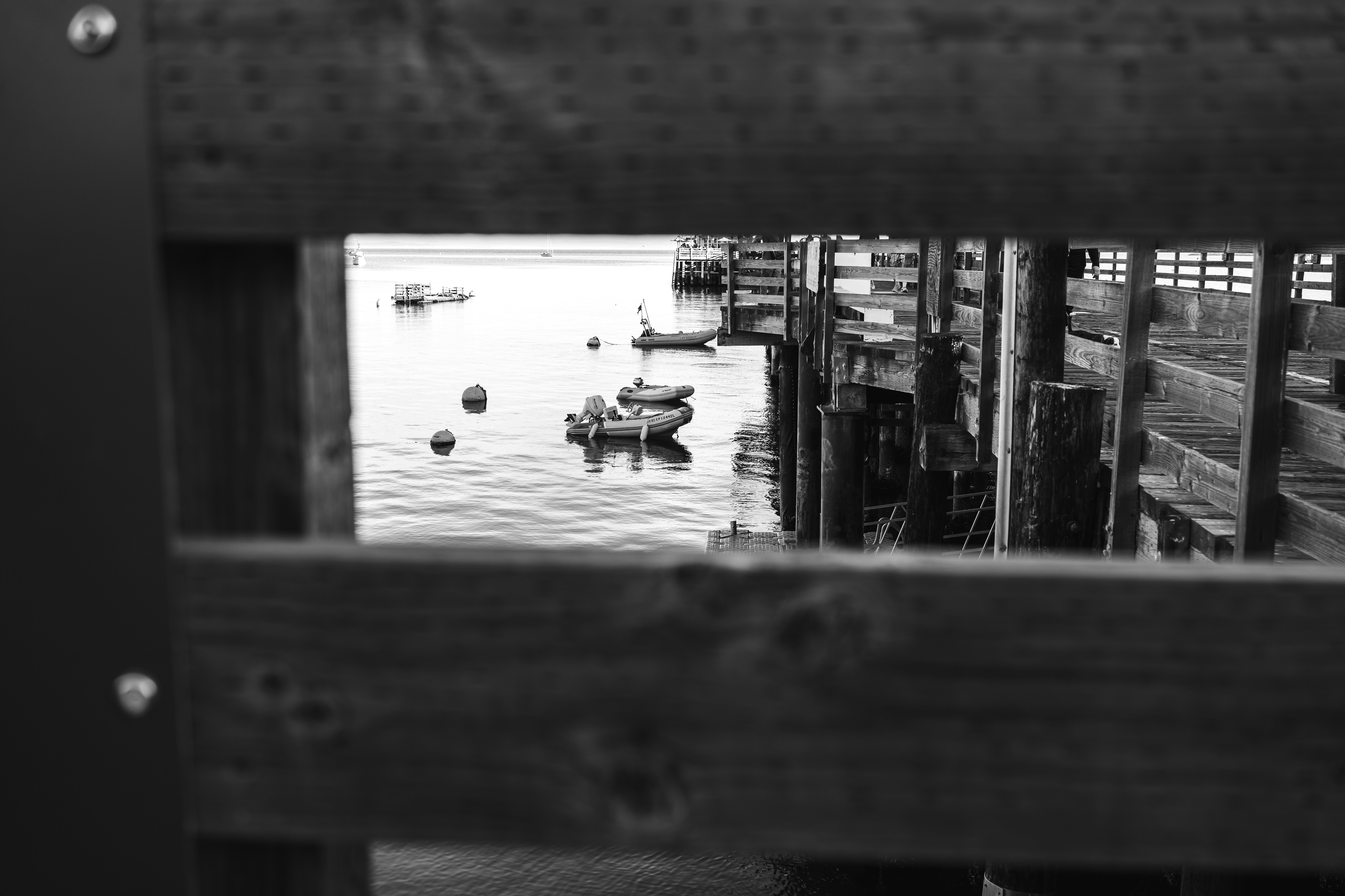 Ships in Focus: A Framed Harbor Through Weathered Slats