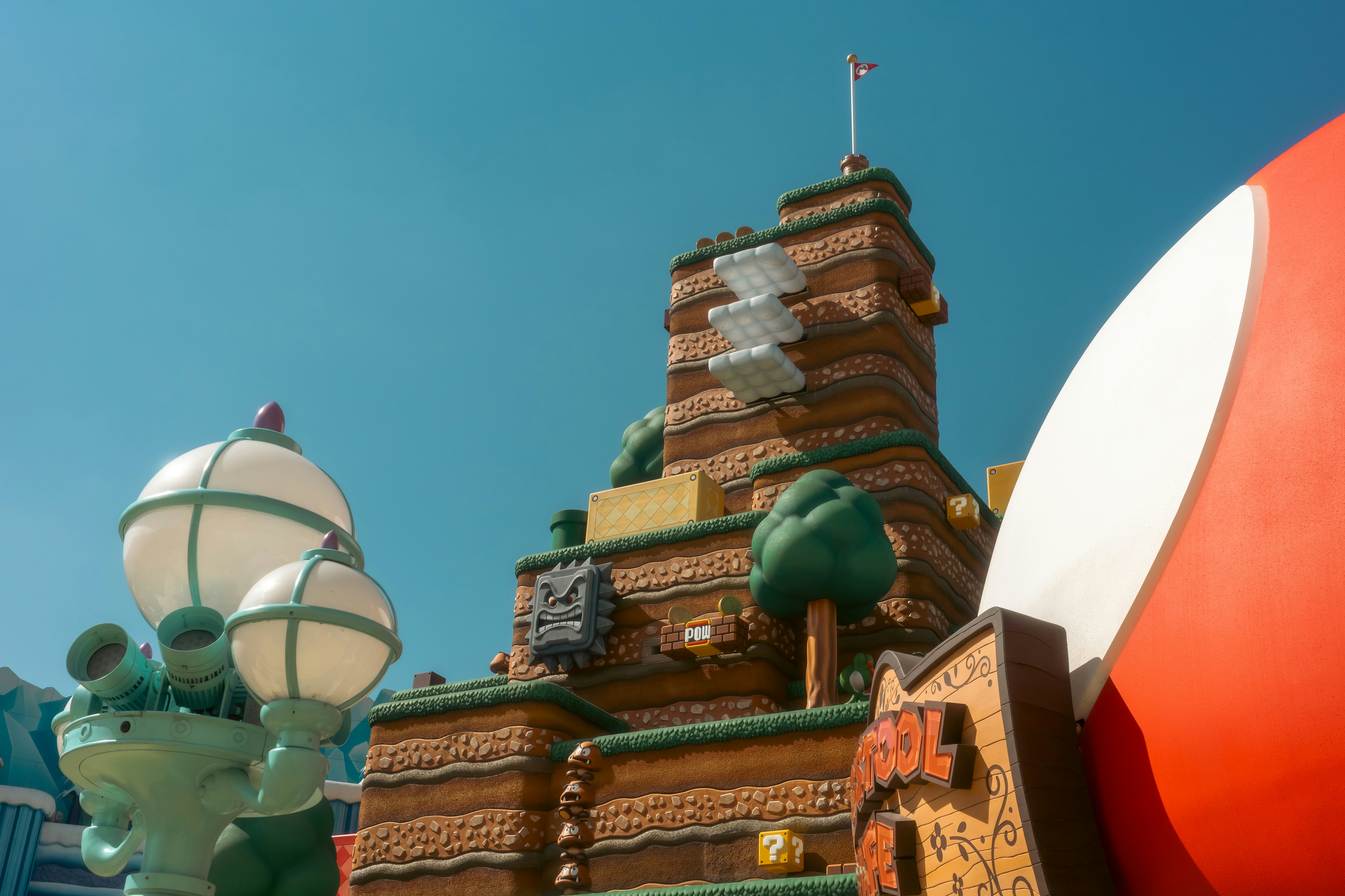 Cartoonish Castle Piling Under a Bright Sky