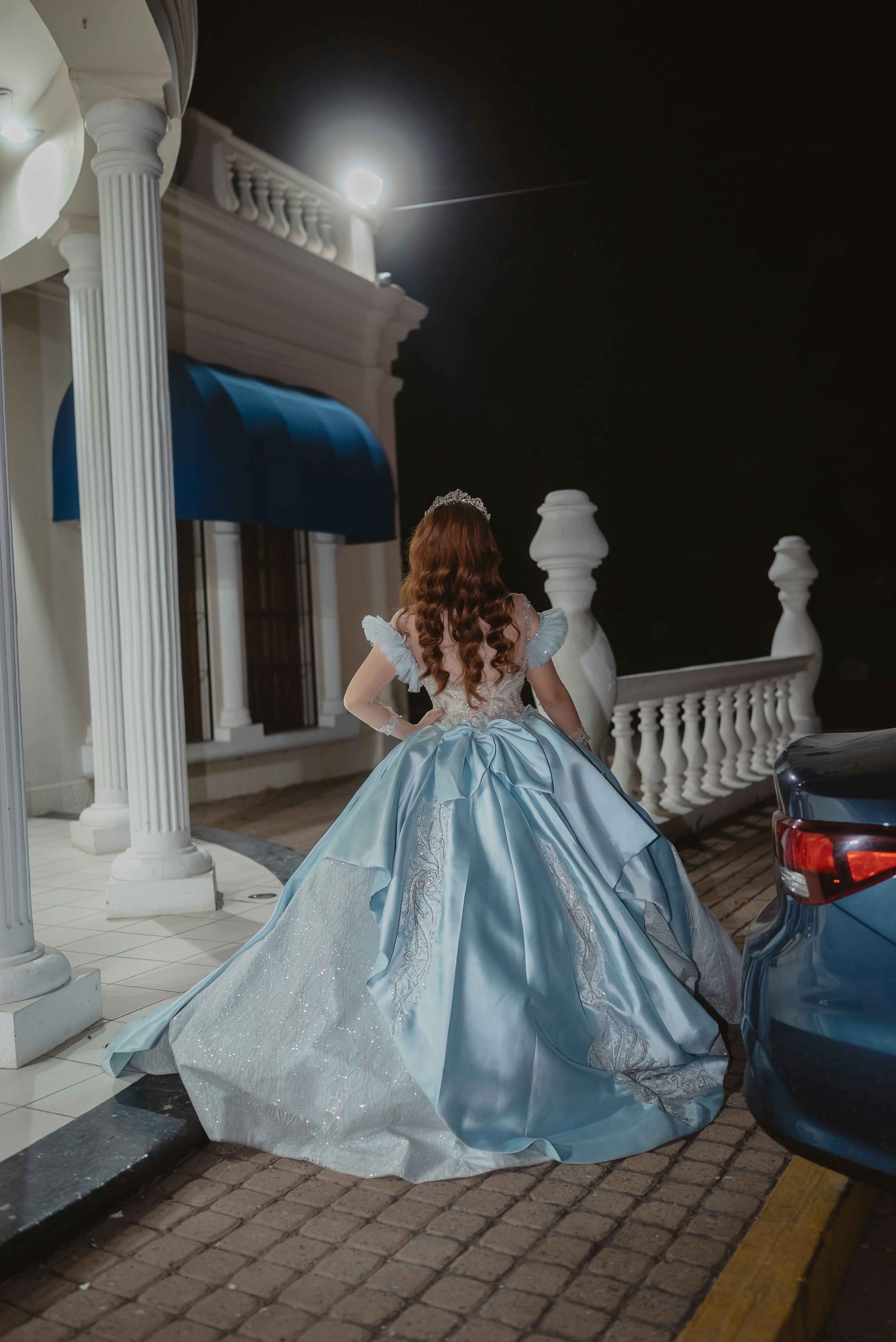 Blue-Gown Enchantment on the Evening Terrace