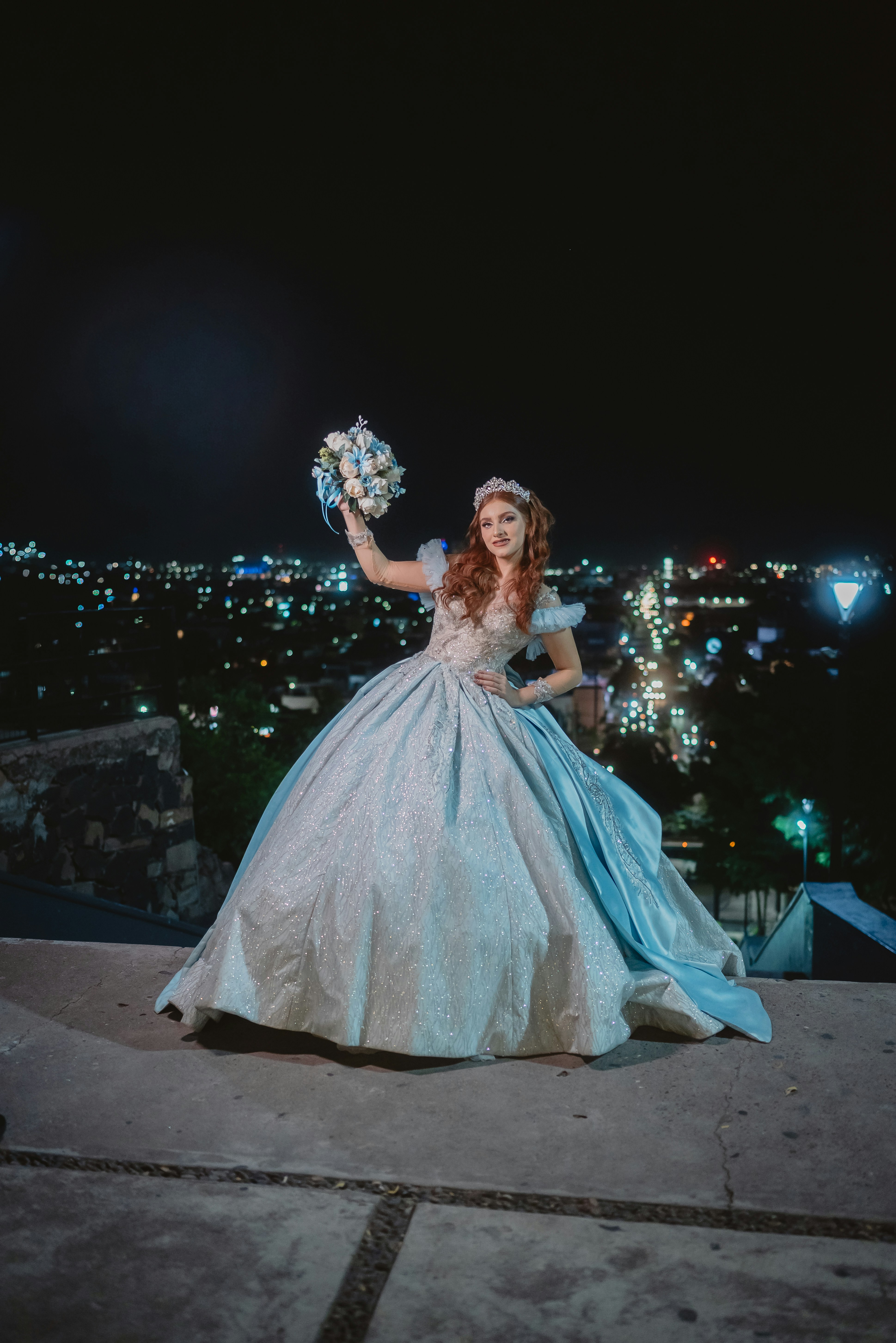 Moonlit Bride on a City Glimmer: A Gown of Glitter and Night Veil