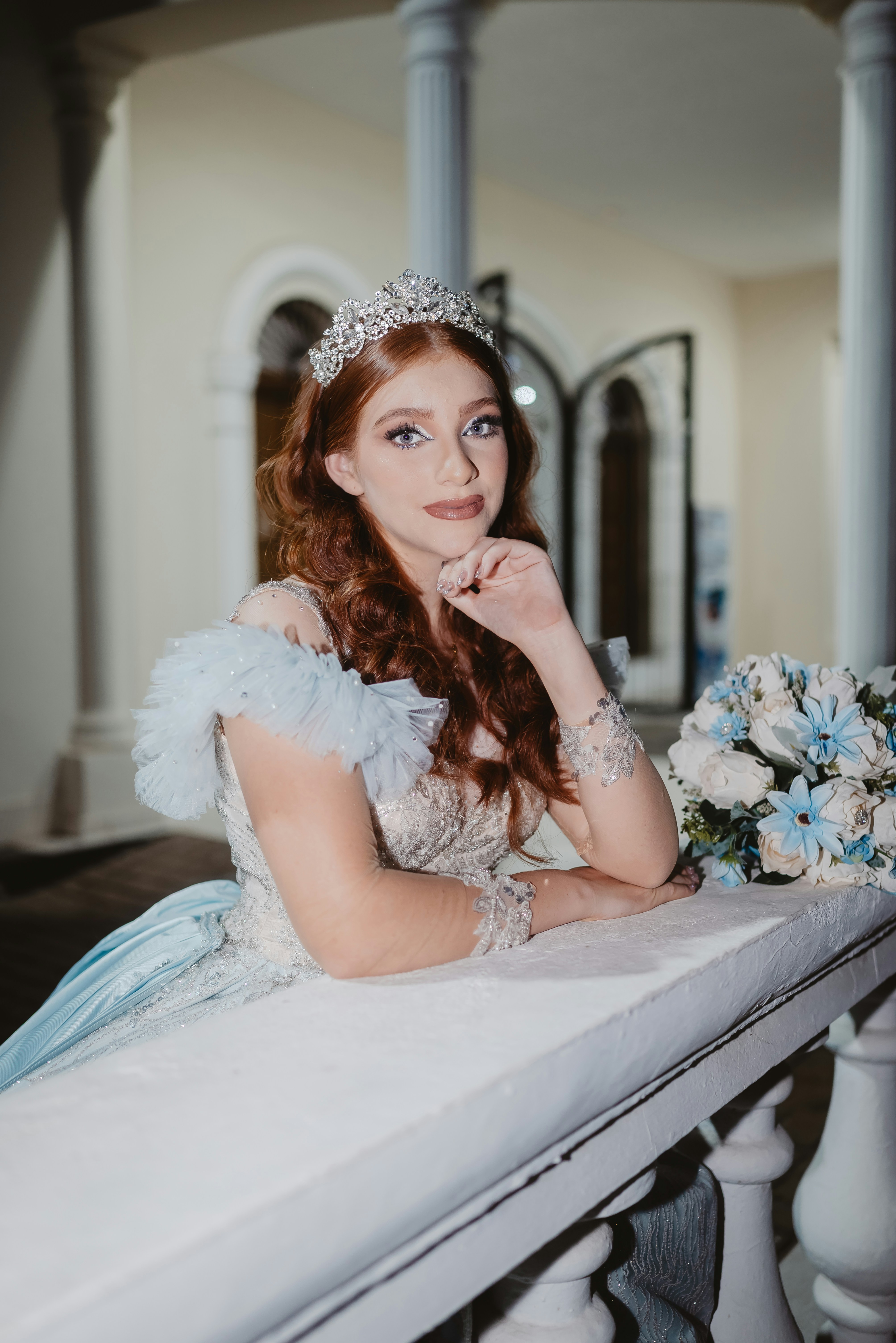 Crowned in Pearls: Portrait on a Moonlit Balcony
