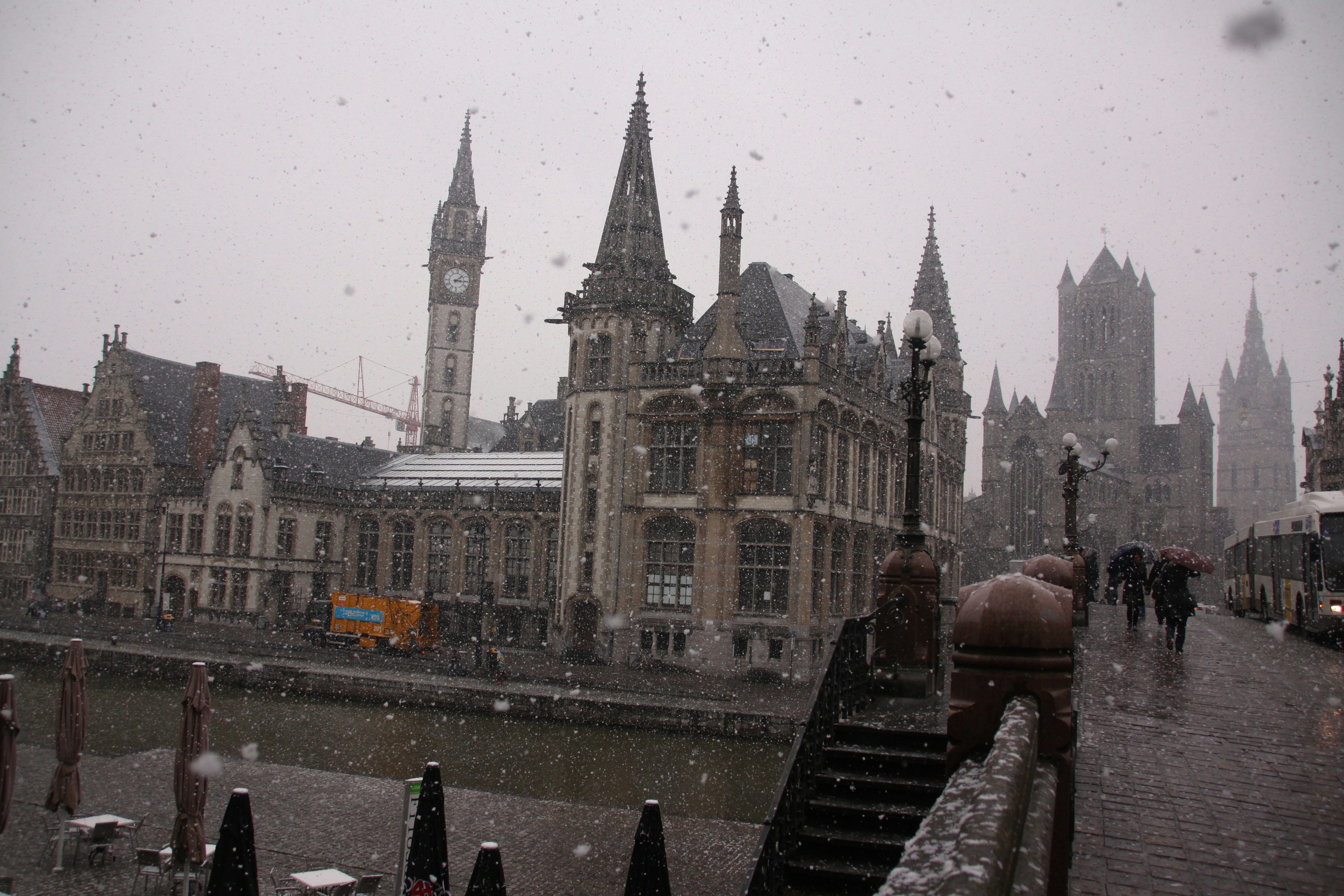 Snowy Cityscape: Historic Facades Weathervane Under Falling Snow