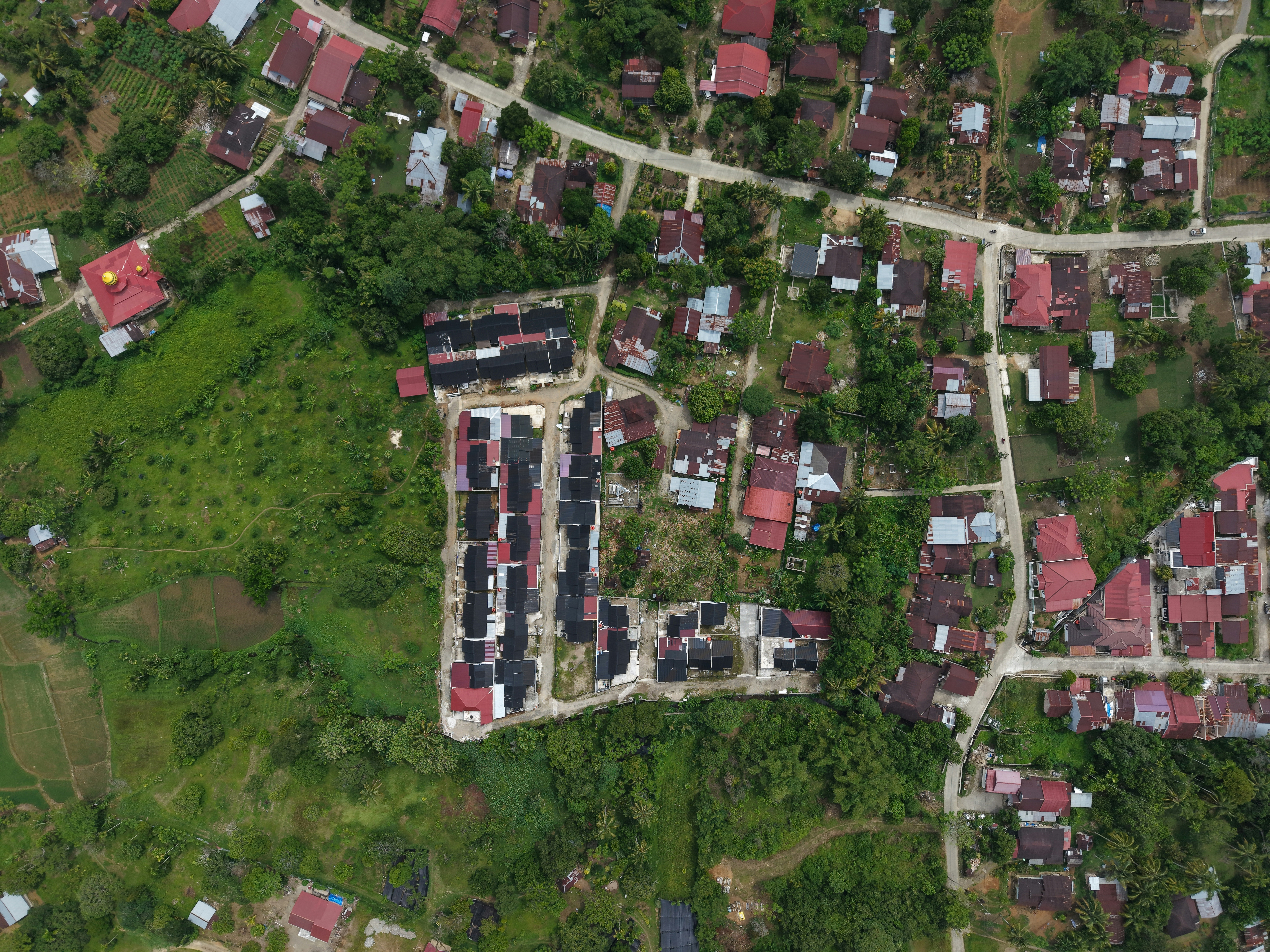 Aerial Tapestry: Red-roofed Village Nestled in Verdant Corridors