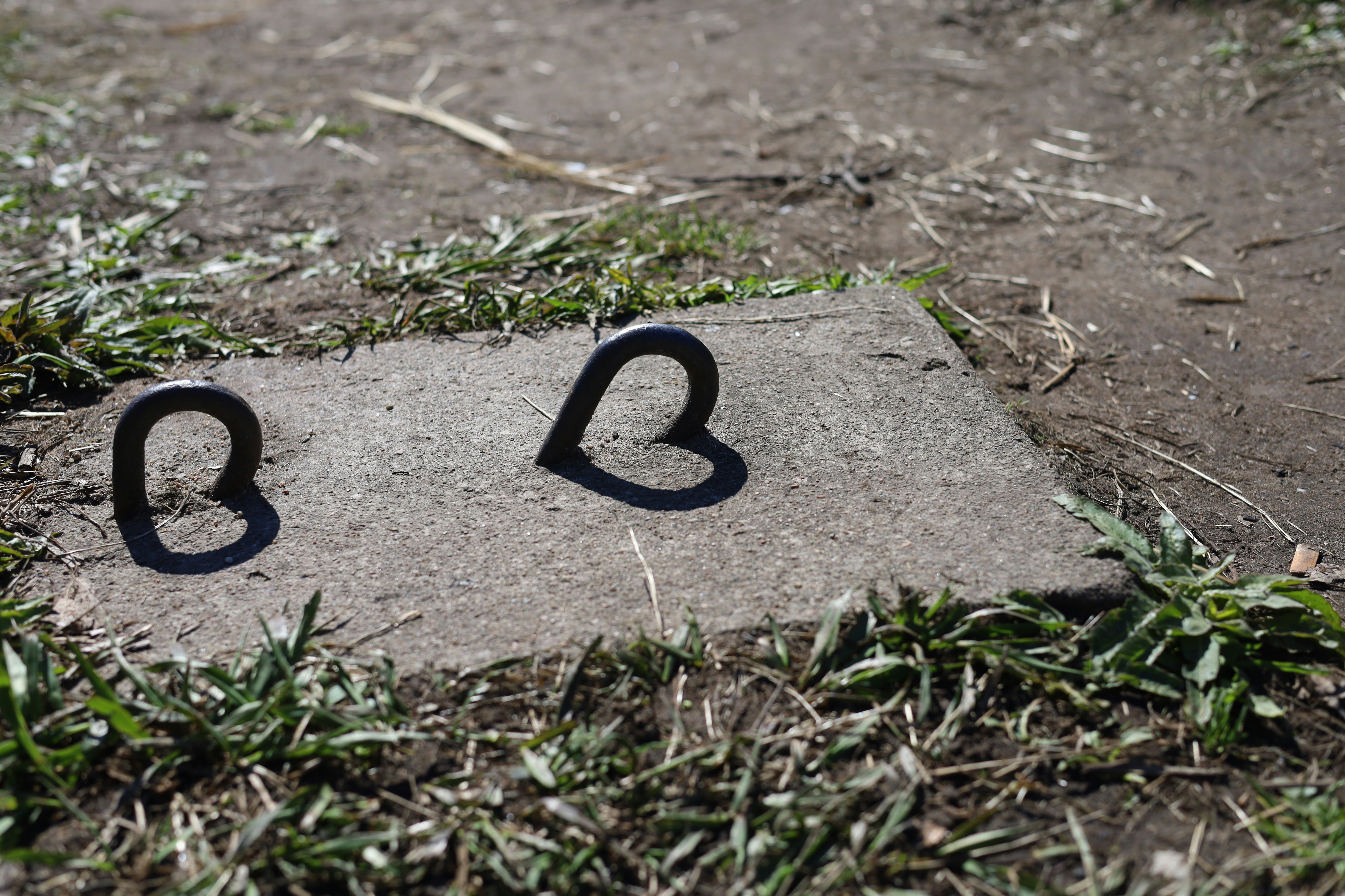 Two kettlebell-like shapes anchor a weathered pavement slab in a patchy garden