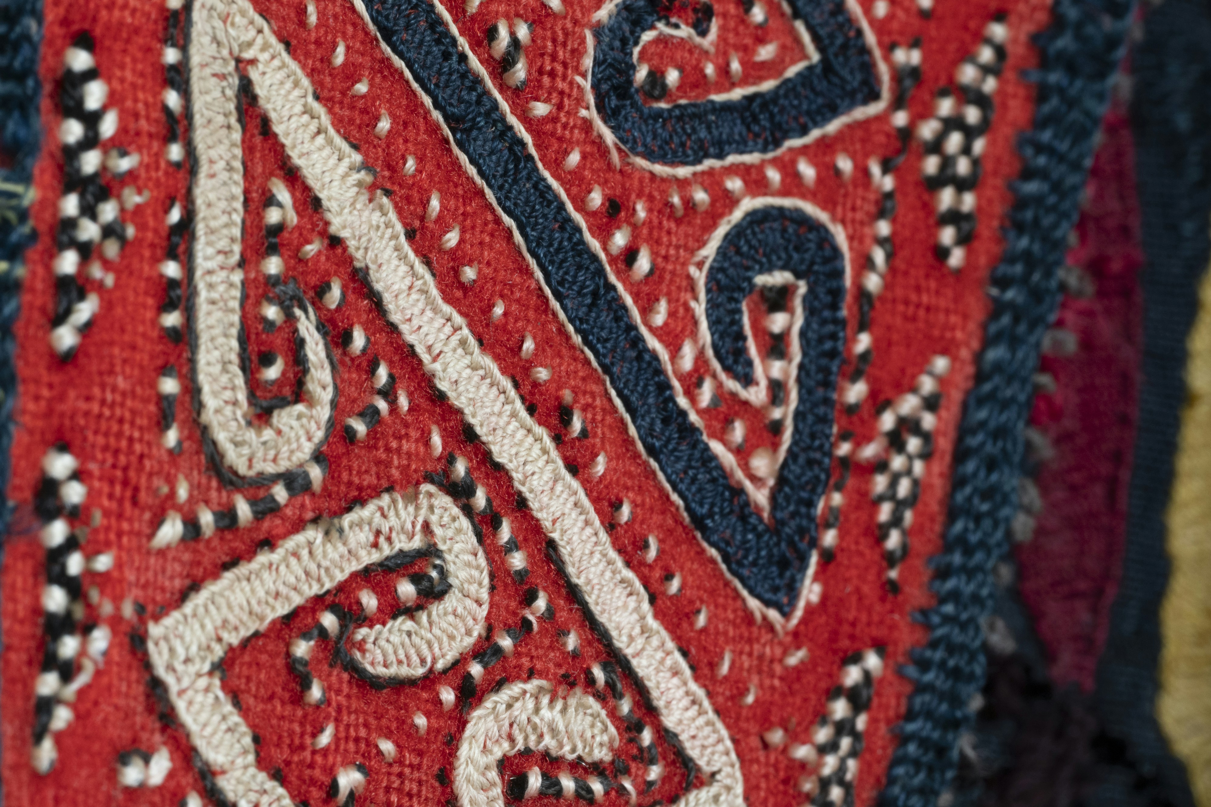 Close-up Weave: a Red Denim Pattern with Blue Accents