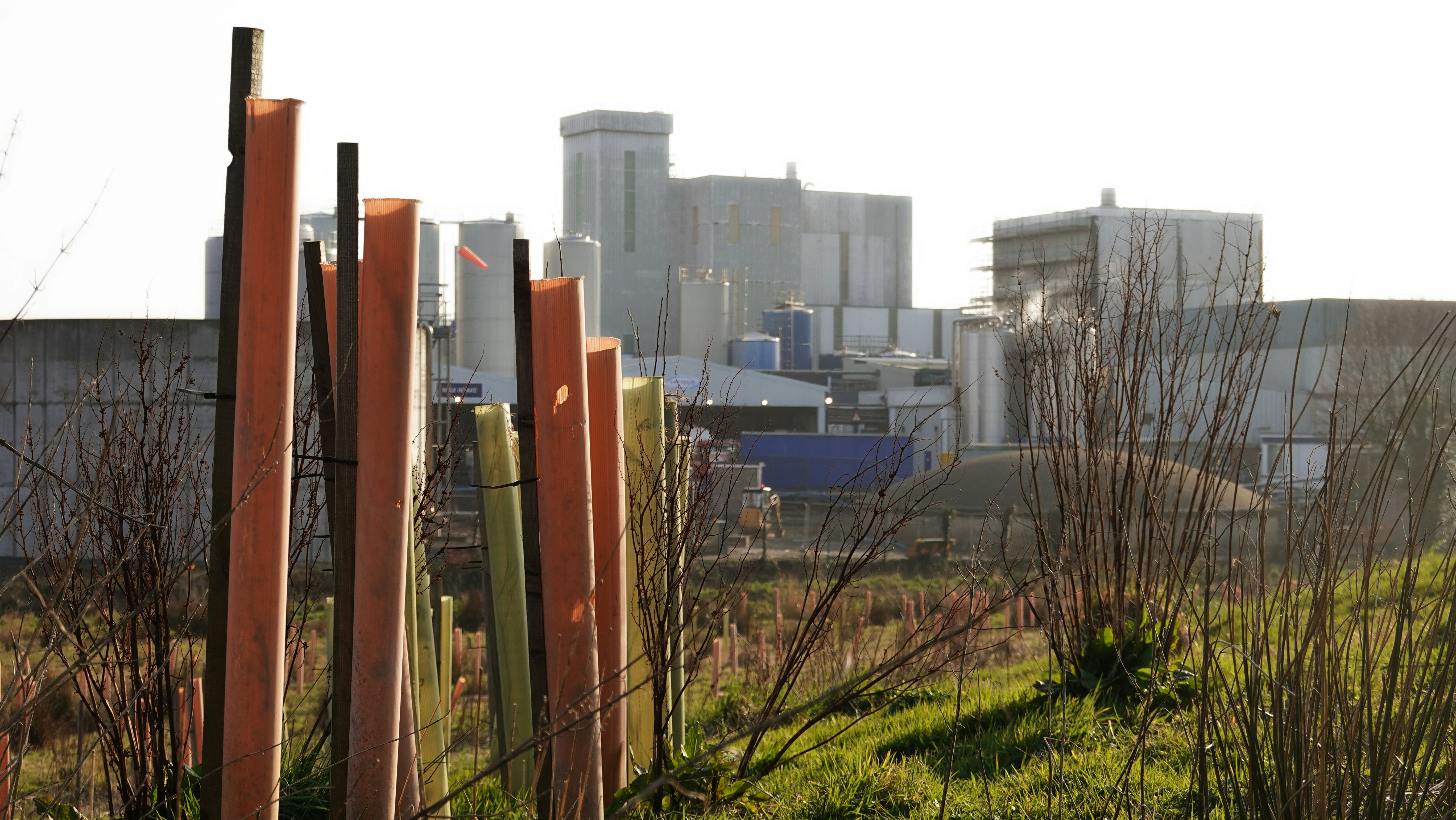 Urban construction row recedes into a sunlit industrial backdrop