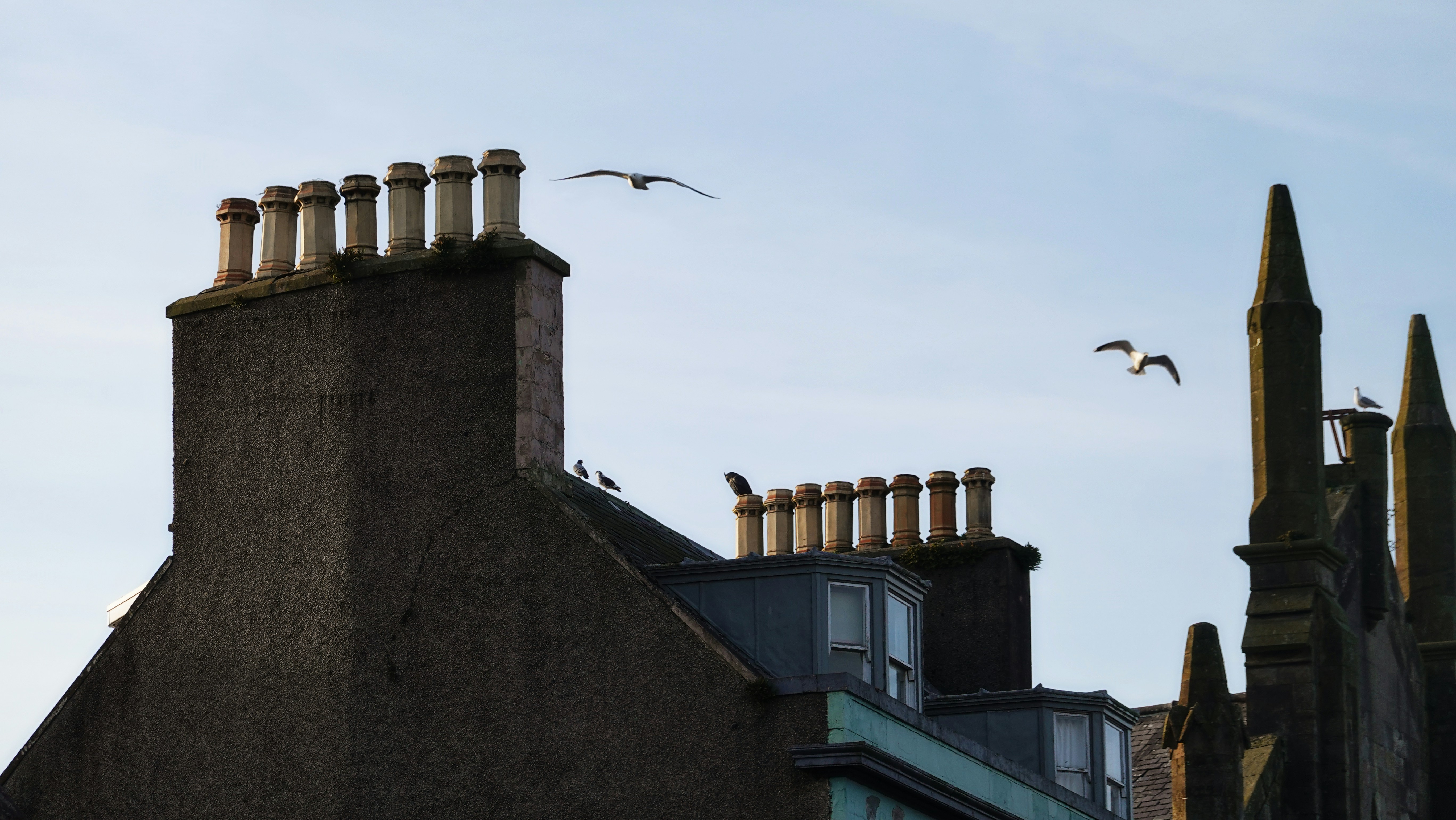 Chimneys Amid Rooftop Silhouettes at Dusk
