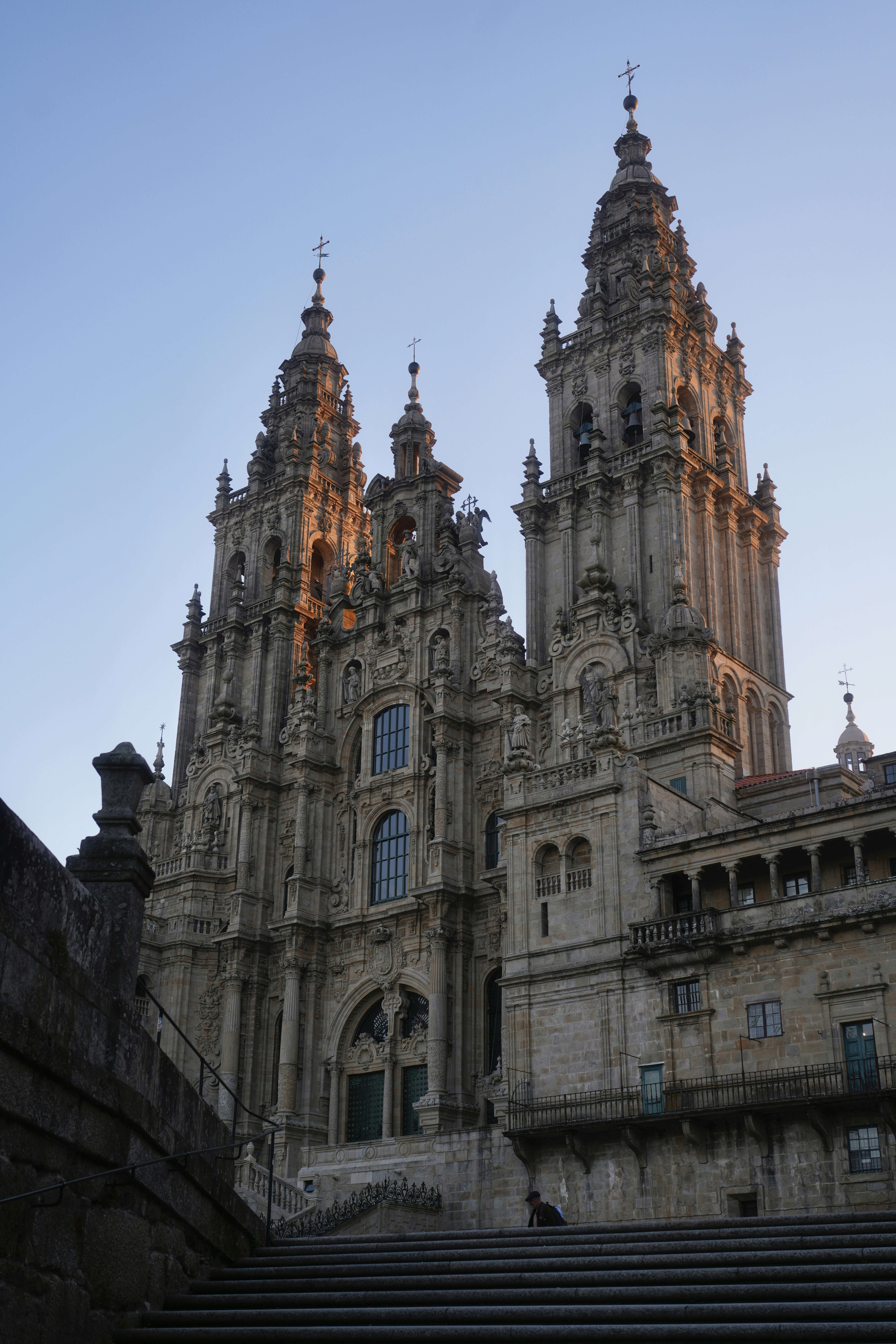 Gothic Facades at Dusk: A Stairway to Grandeur