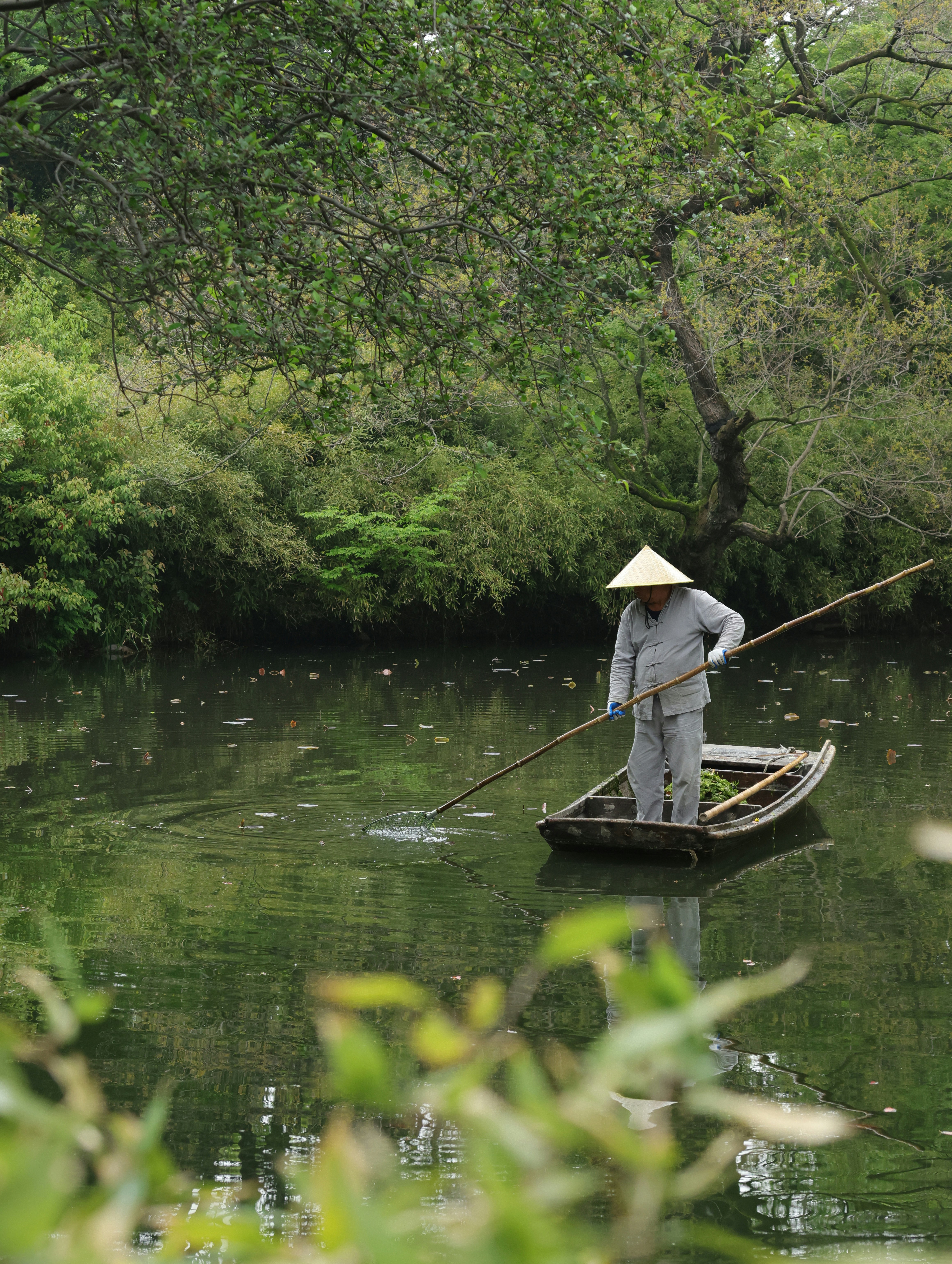 Umbrella of Stillness: The Boatman in a Looming Greenscape
