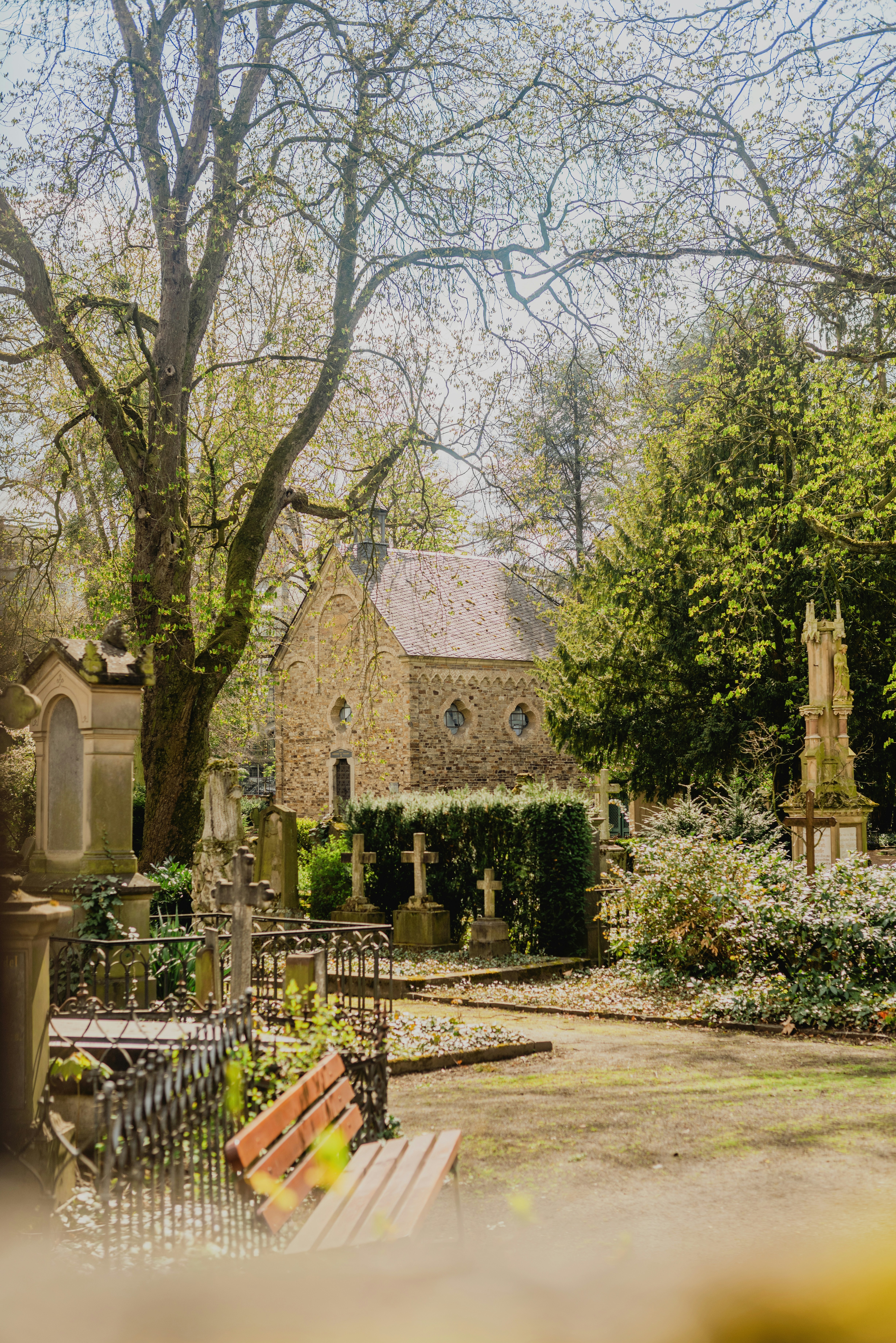 Sunlit Chapel Garden: A Quiet Cemetery Scene Framed by Branches