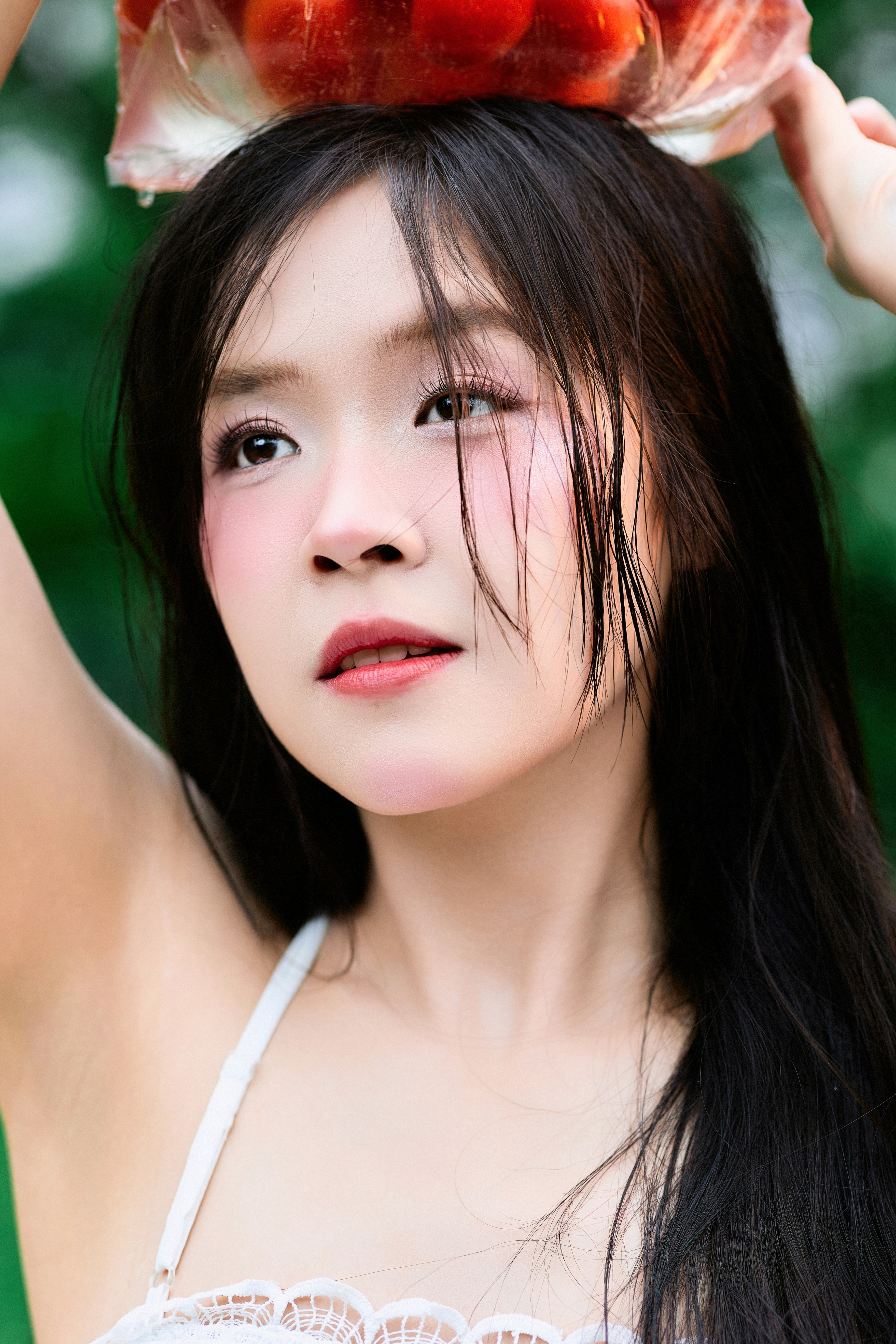 Fruit Crown: A Soft-focus Portrait of Quiet Gaze