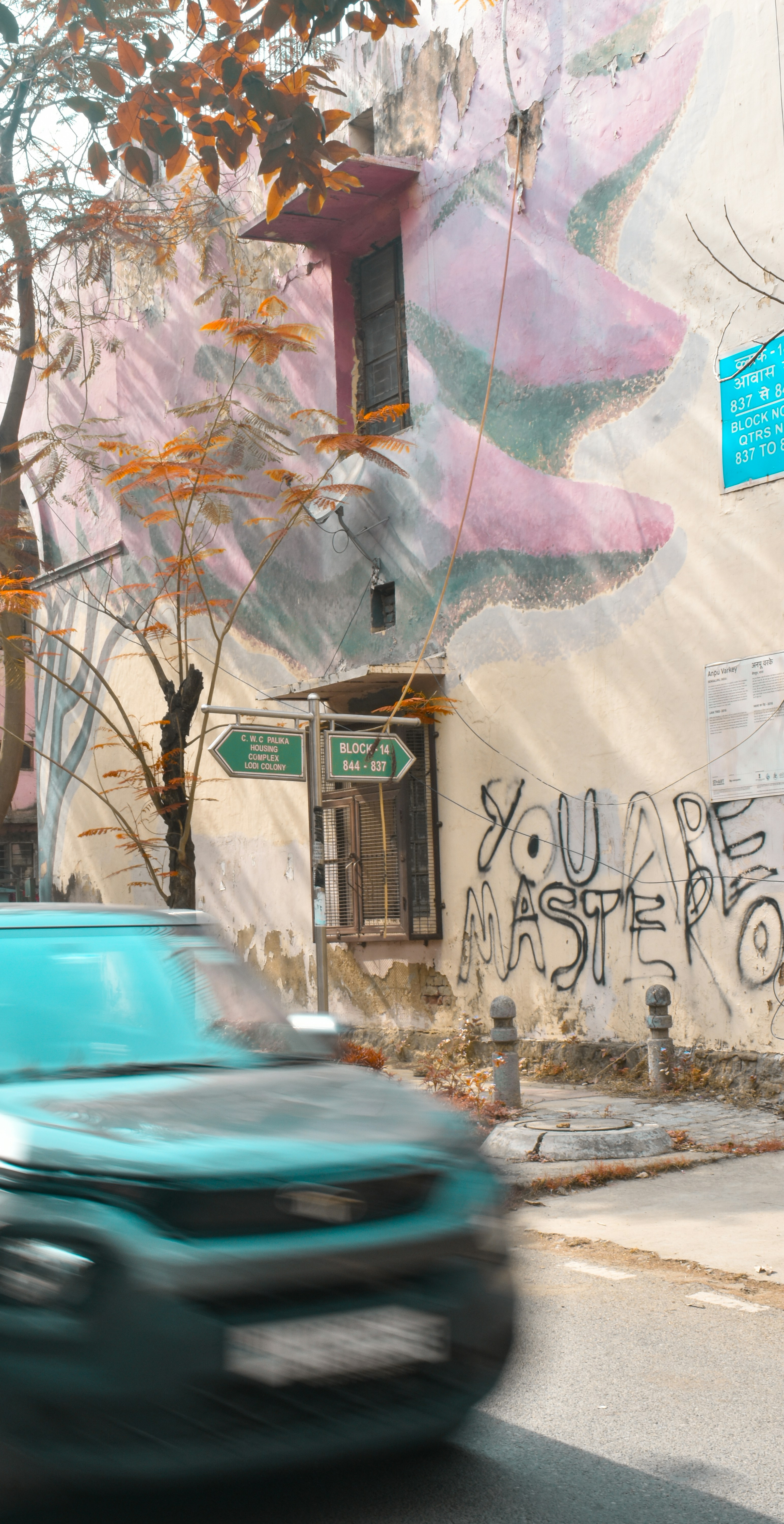 Autumn Street Scene: Motion Blur at a Graffitied Wall
