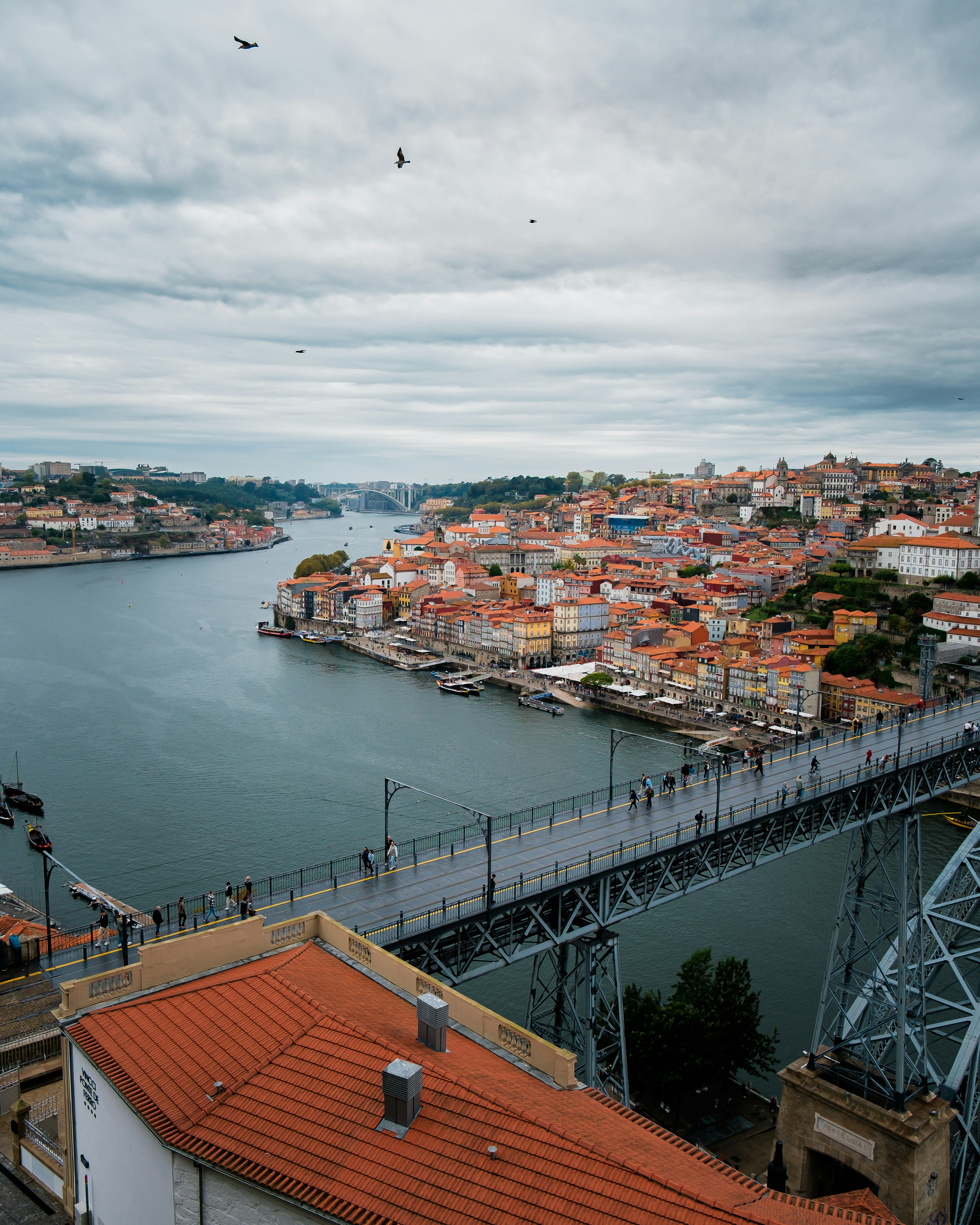 Sunlit Douro: Aerial View Over Porto and the Dom Luís I Bridge