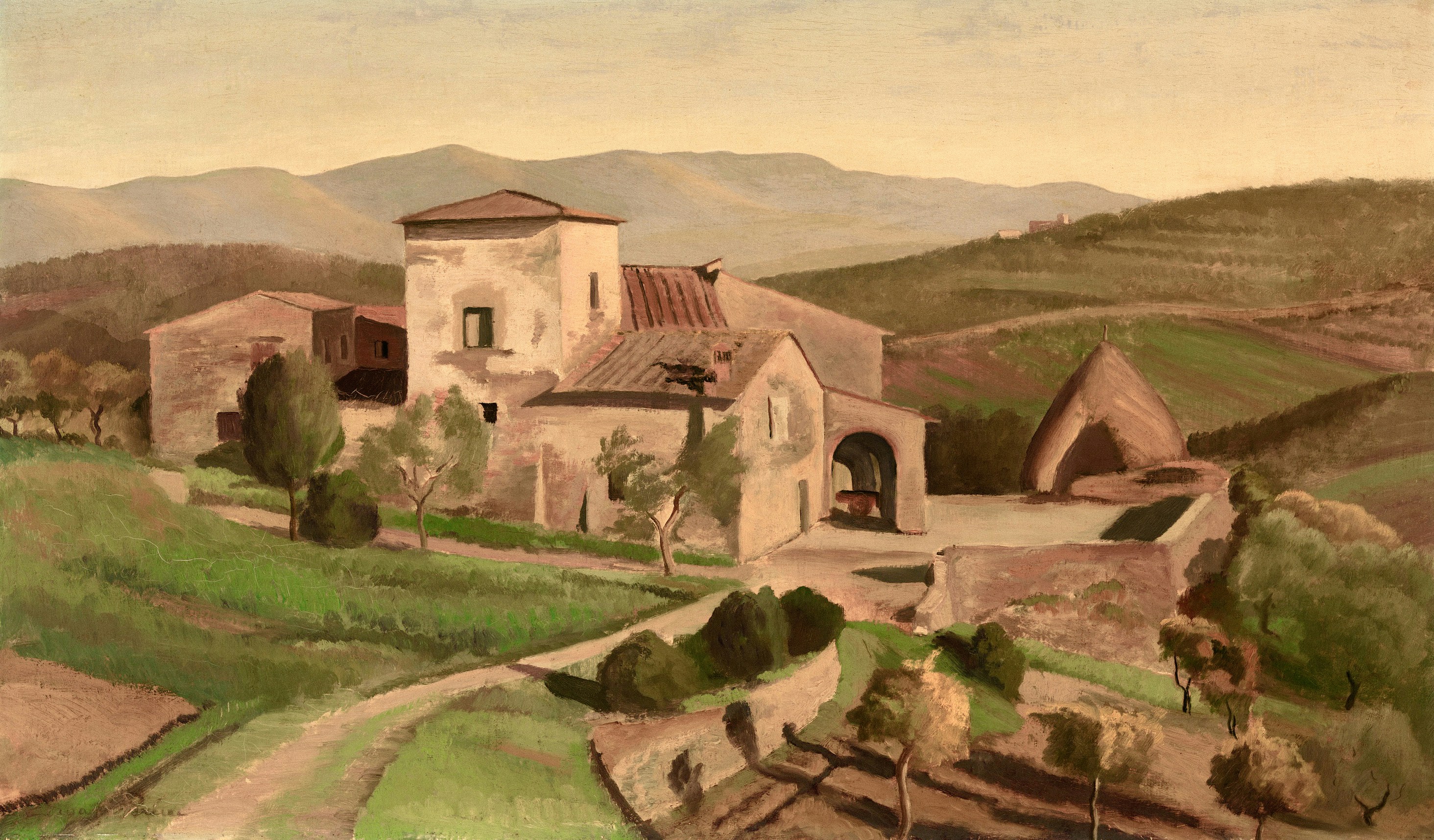 A pastoral hillside villa sits among winding paths and rolling fields, rendered in warm, painterly tones with distant hills in the background.