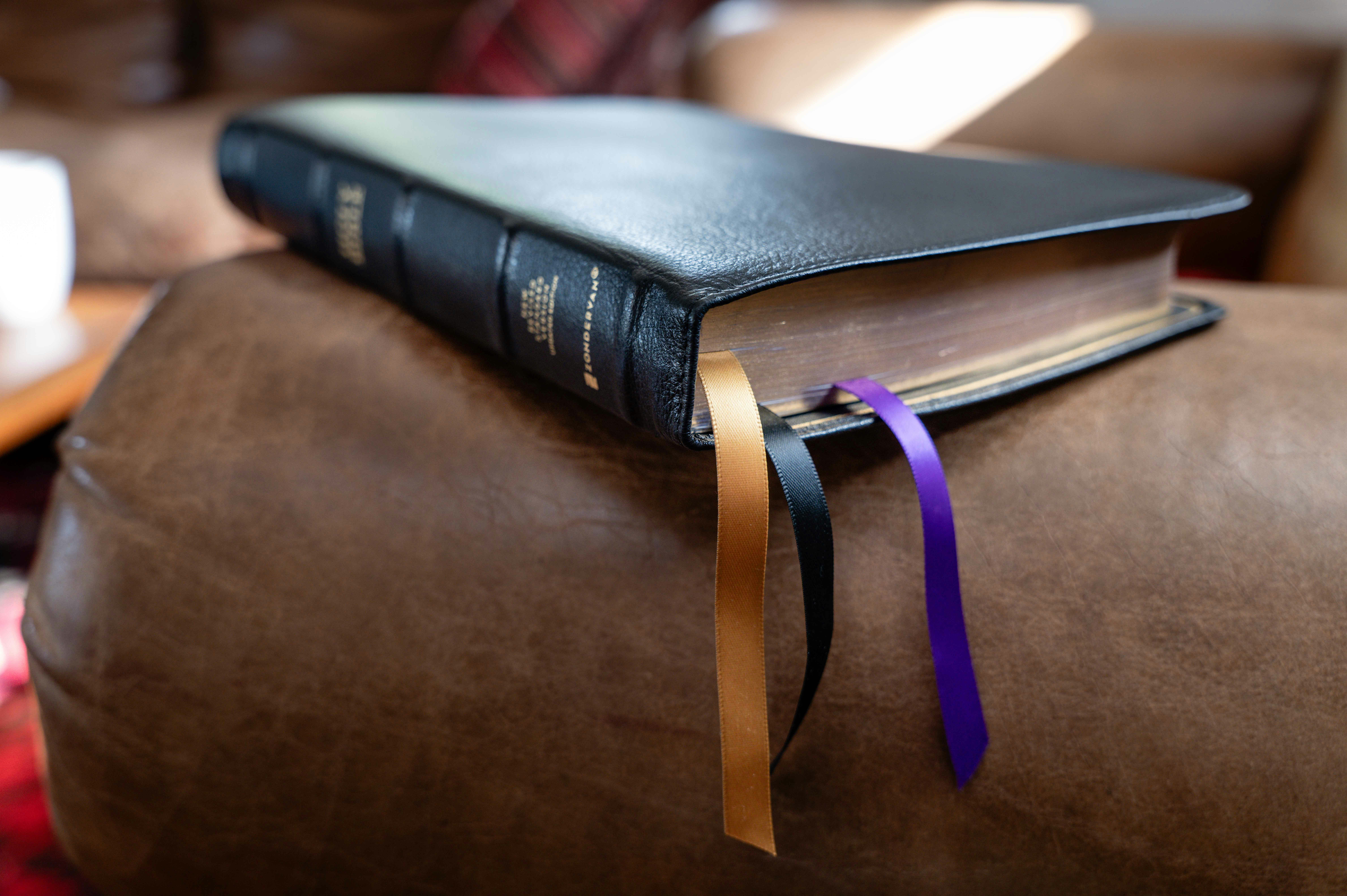 A leather-bound Bible resting atop a worn cognac chair with color-coded bookmarks
