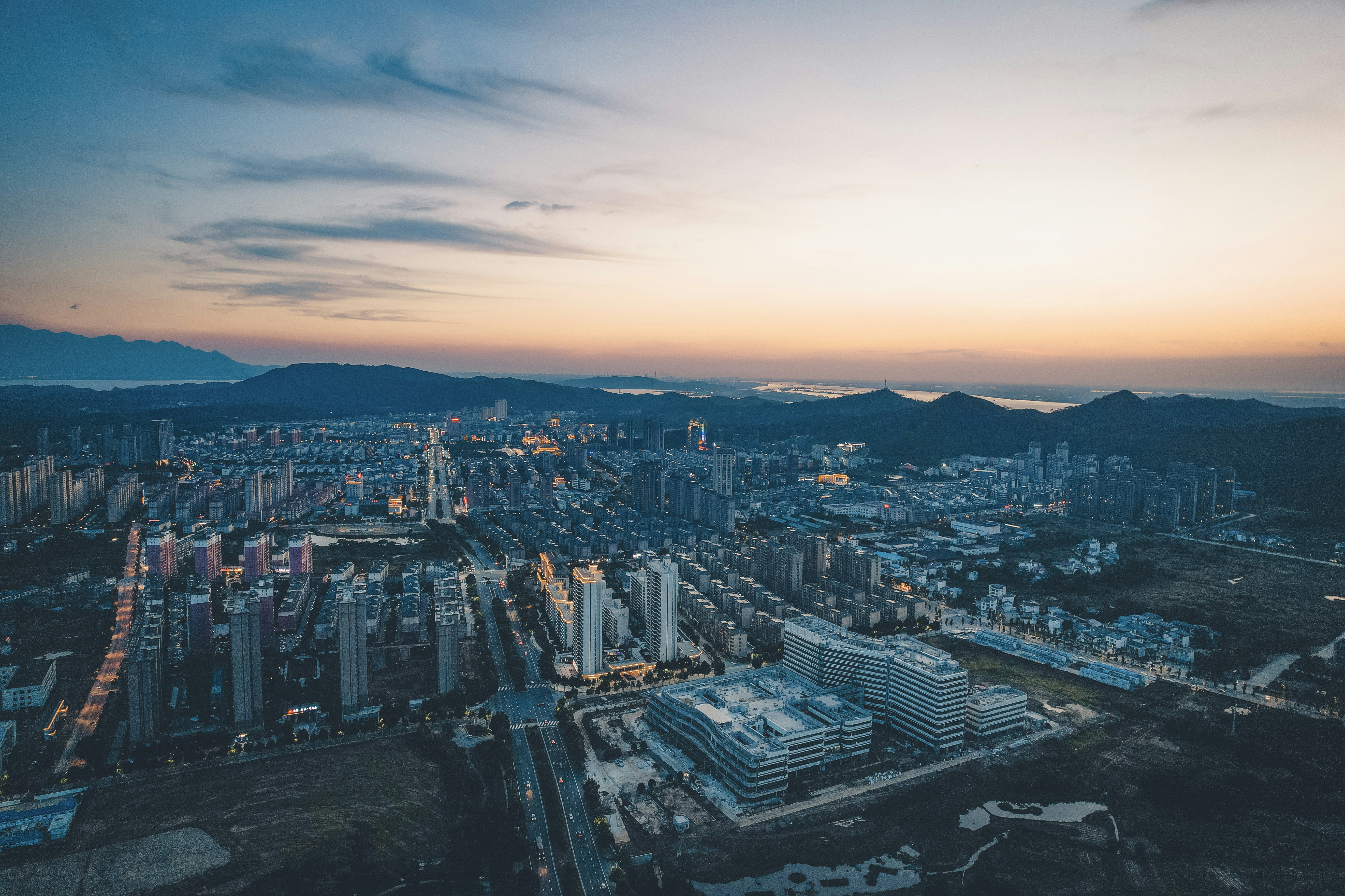 Sunset Over a Quiet City from Above