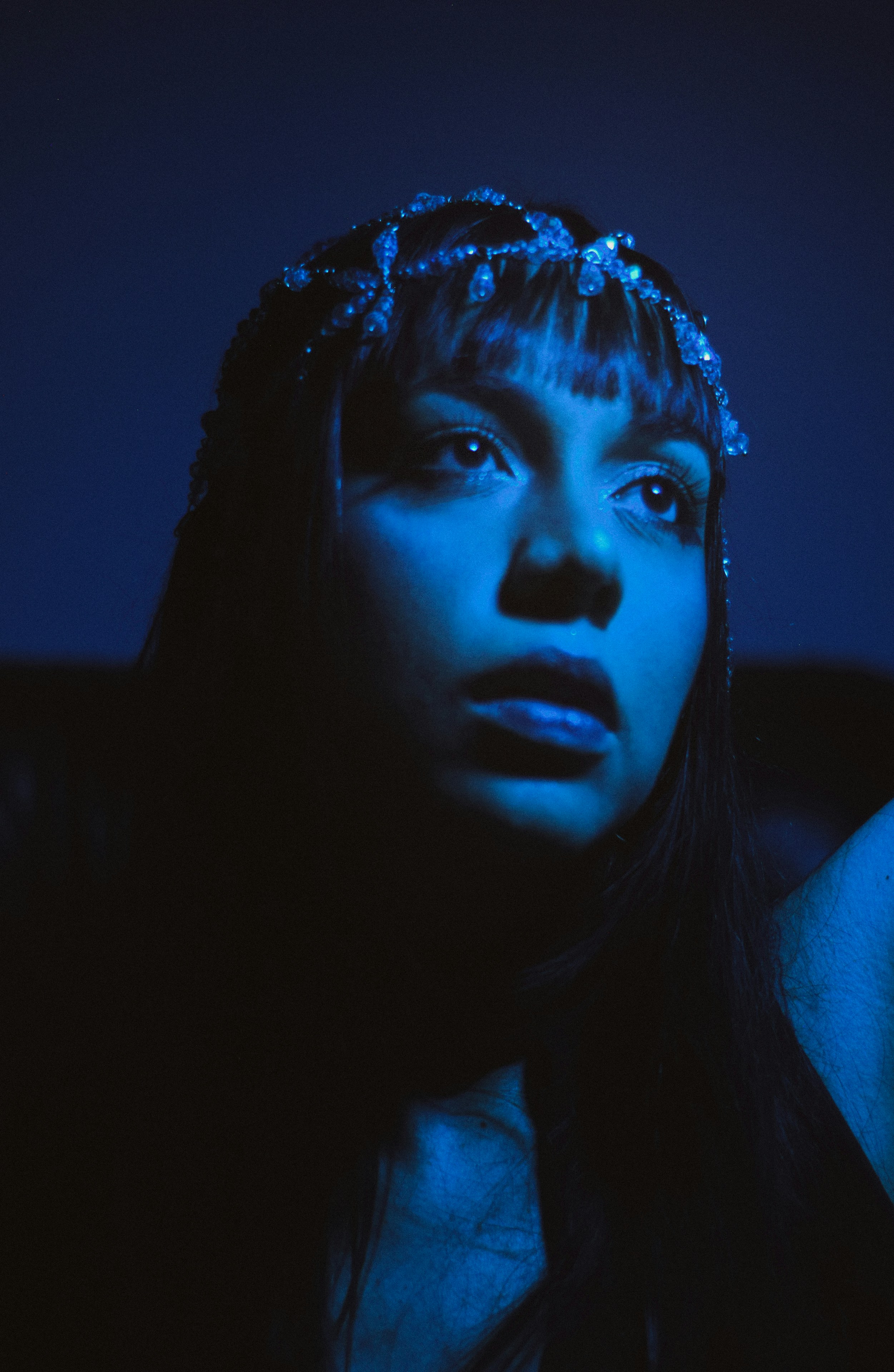 Blue Silhouette: Night Portrait with Floral Halo