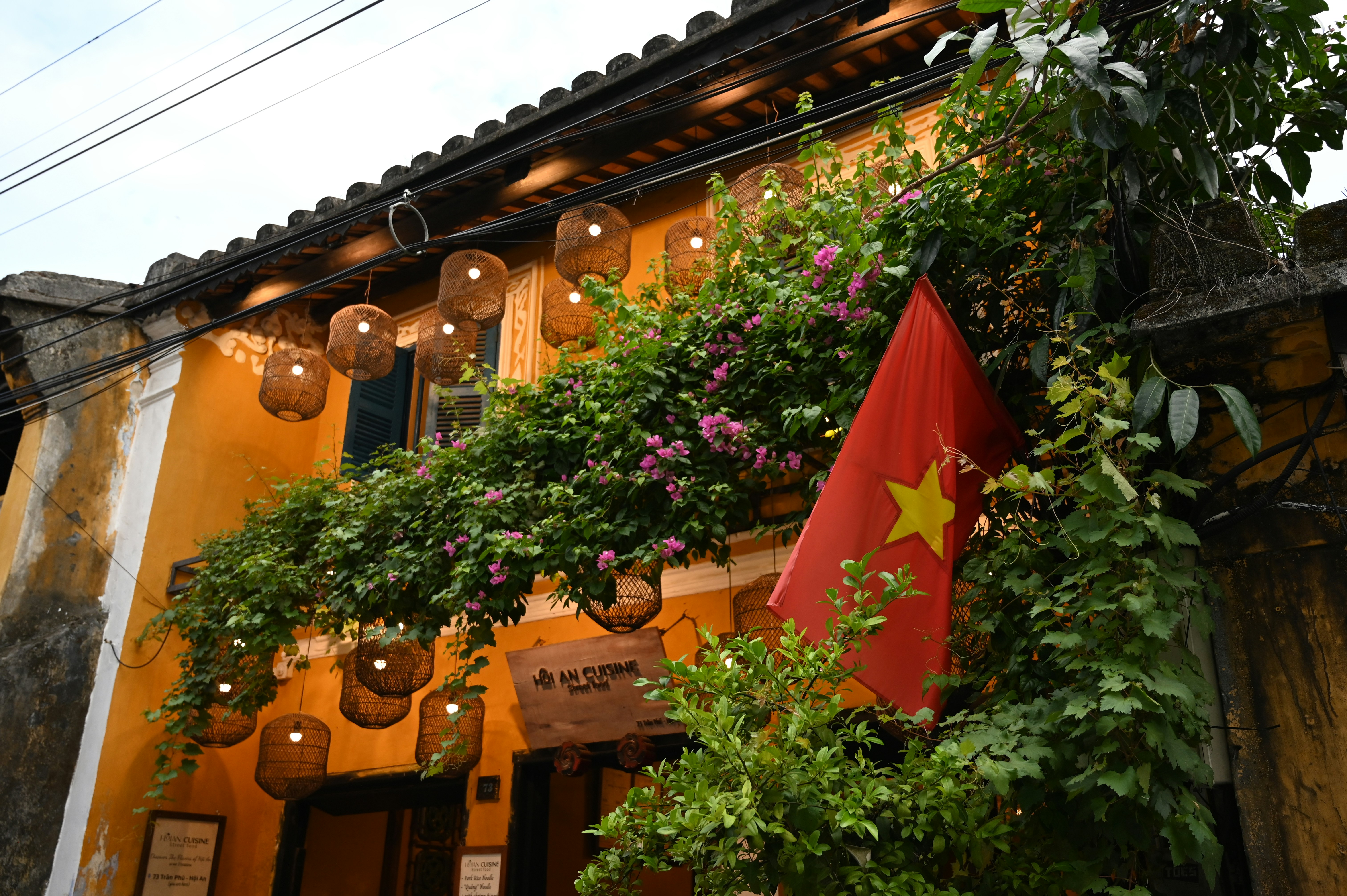 Lanterns, Flag, and Greenery: A Sunlit Vietnamese Courtyard