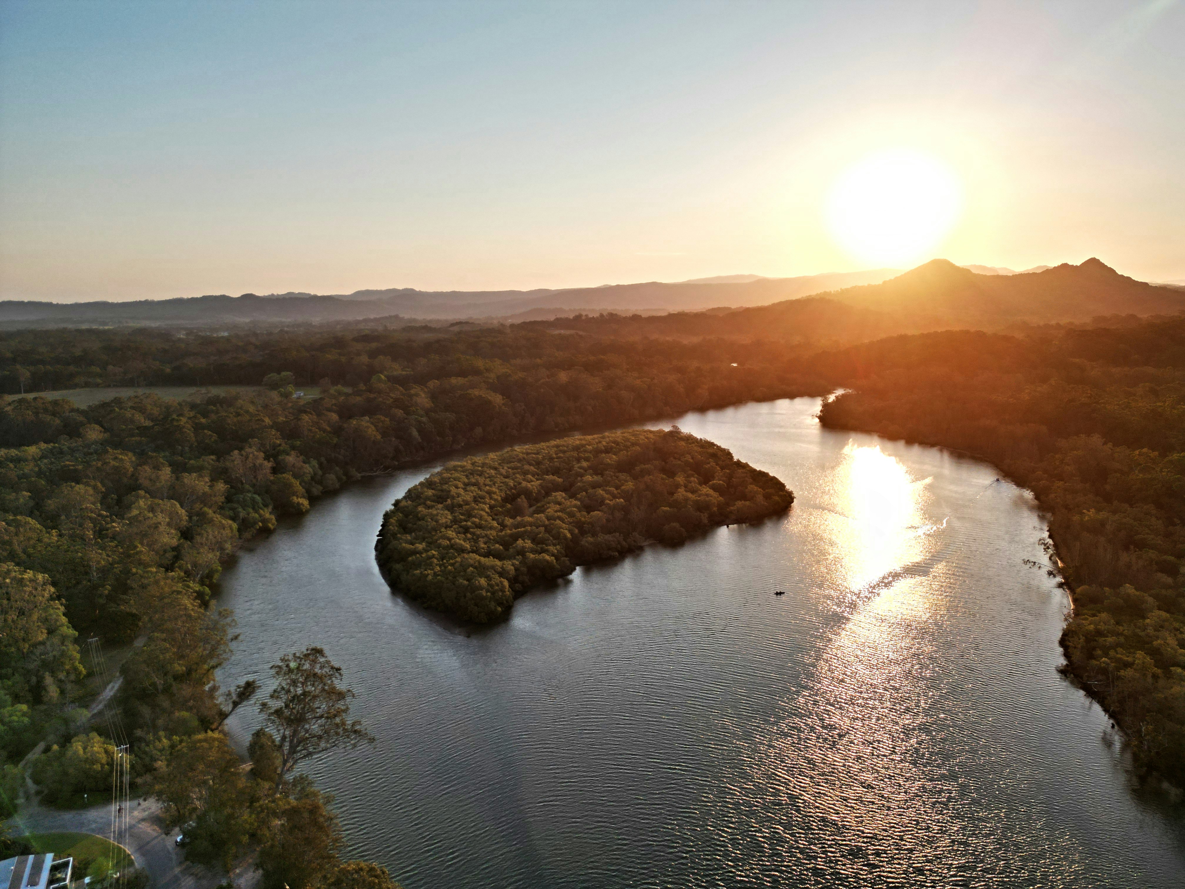 Sunlit Bend: A River Meander Embracing the Forest