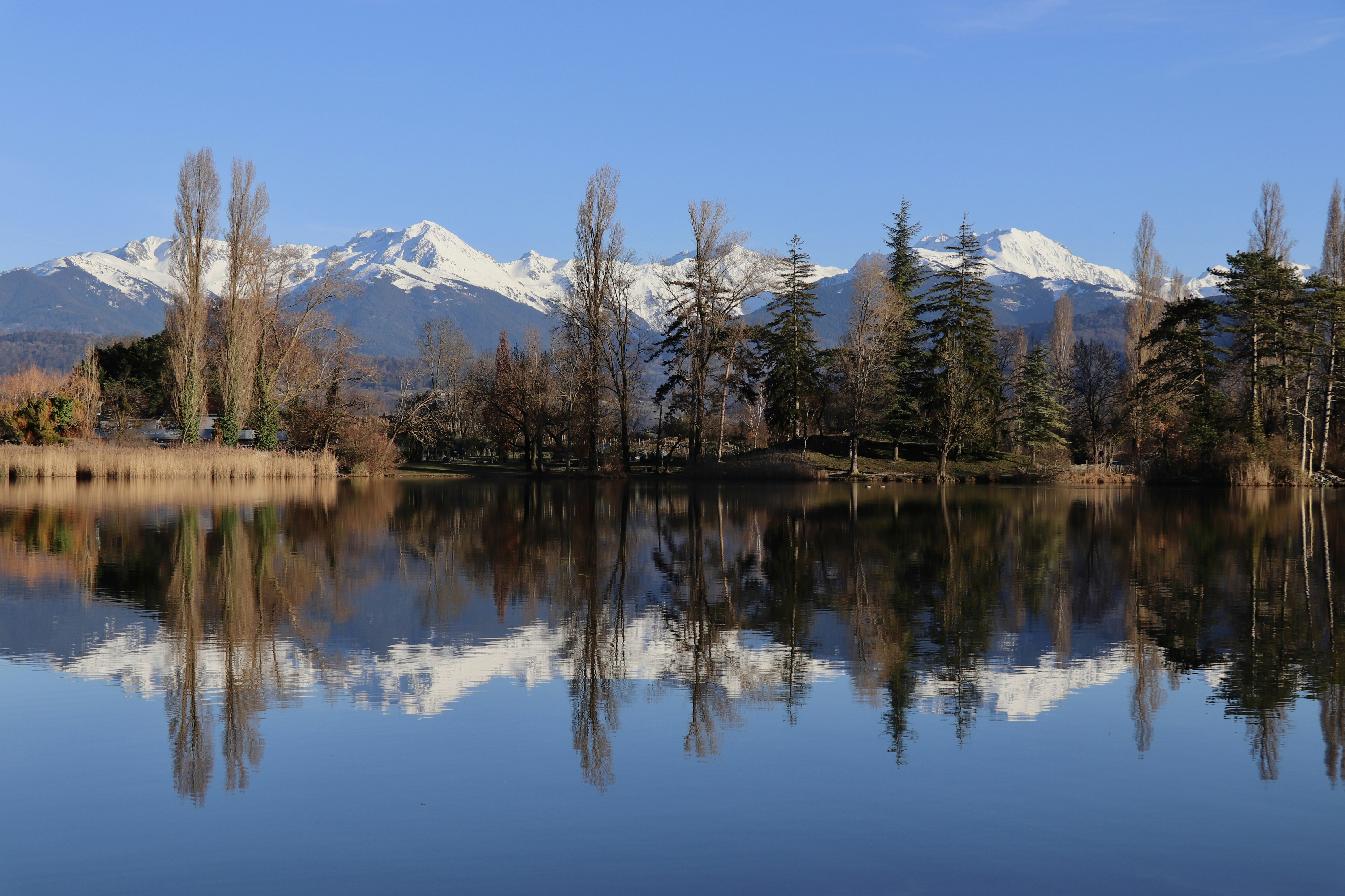 Snow-Capped Peaks Reflected: Tranquil Lakeside Panorama