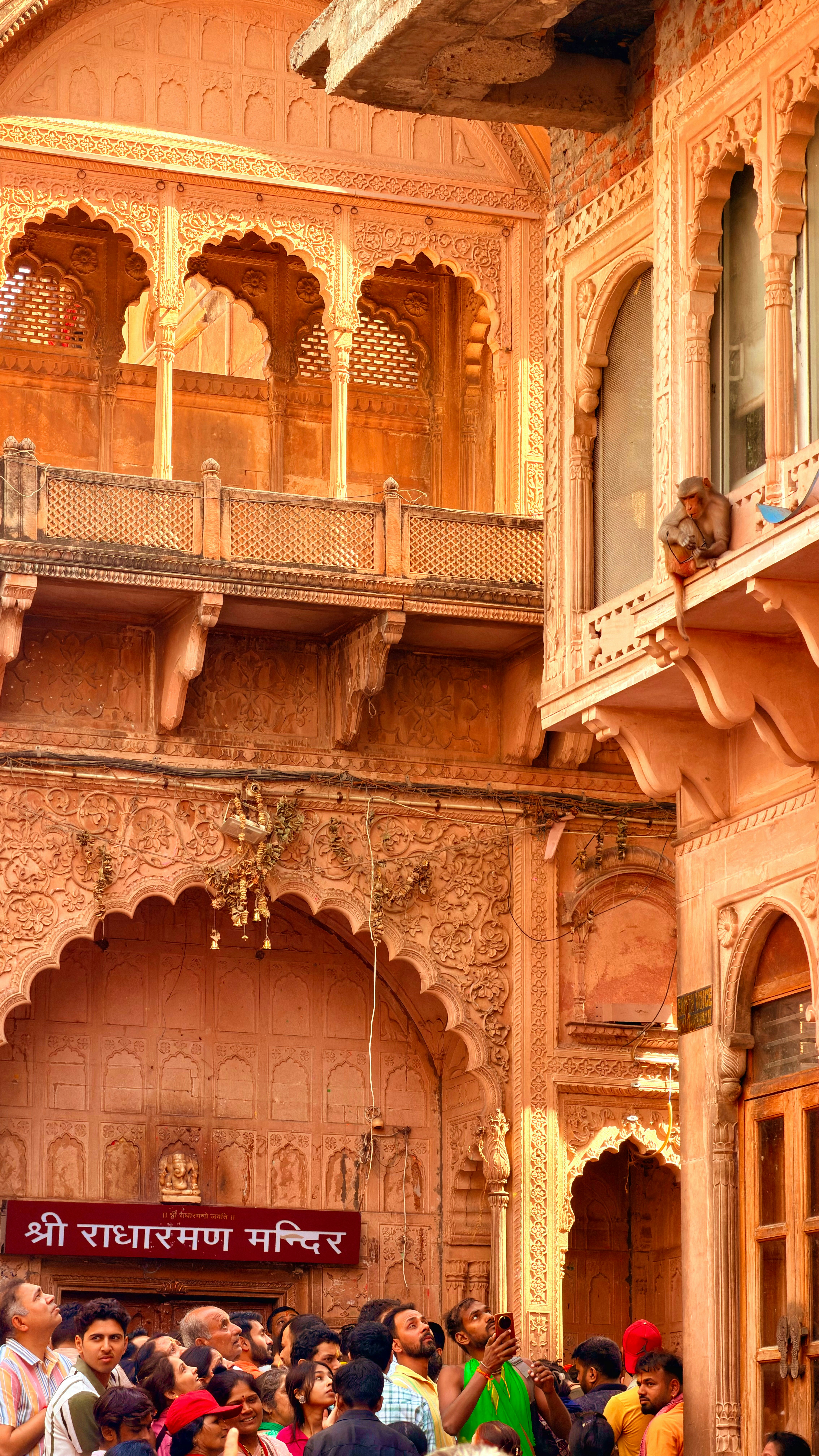 A monkey sitting on a carved balcony of a historic Indian temple while a crowd of visitors looks up in curiosity. The scene captures a blend of heritage architecture, culture, and everyday life in India.