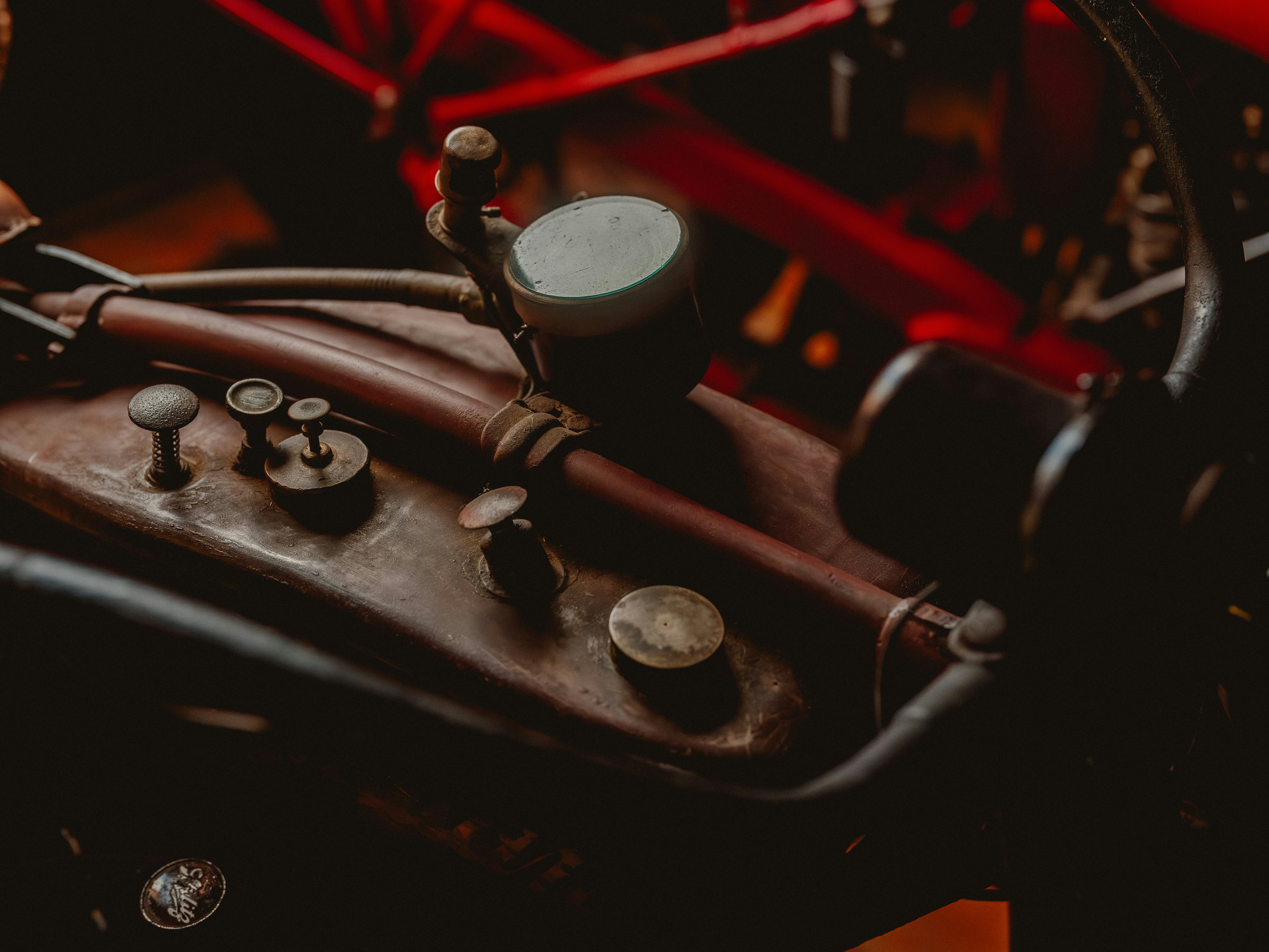 Rusted Machinery Interface: Gauge and Knobs in Low Light