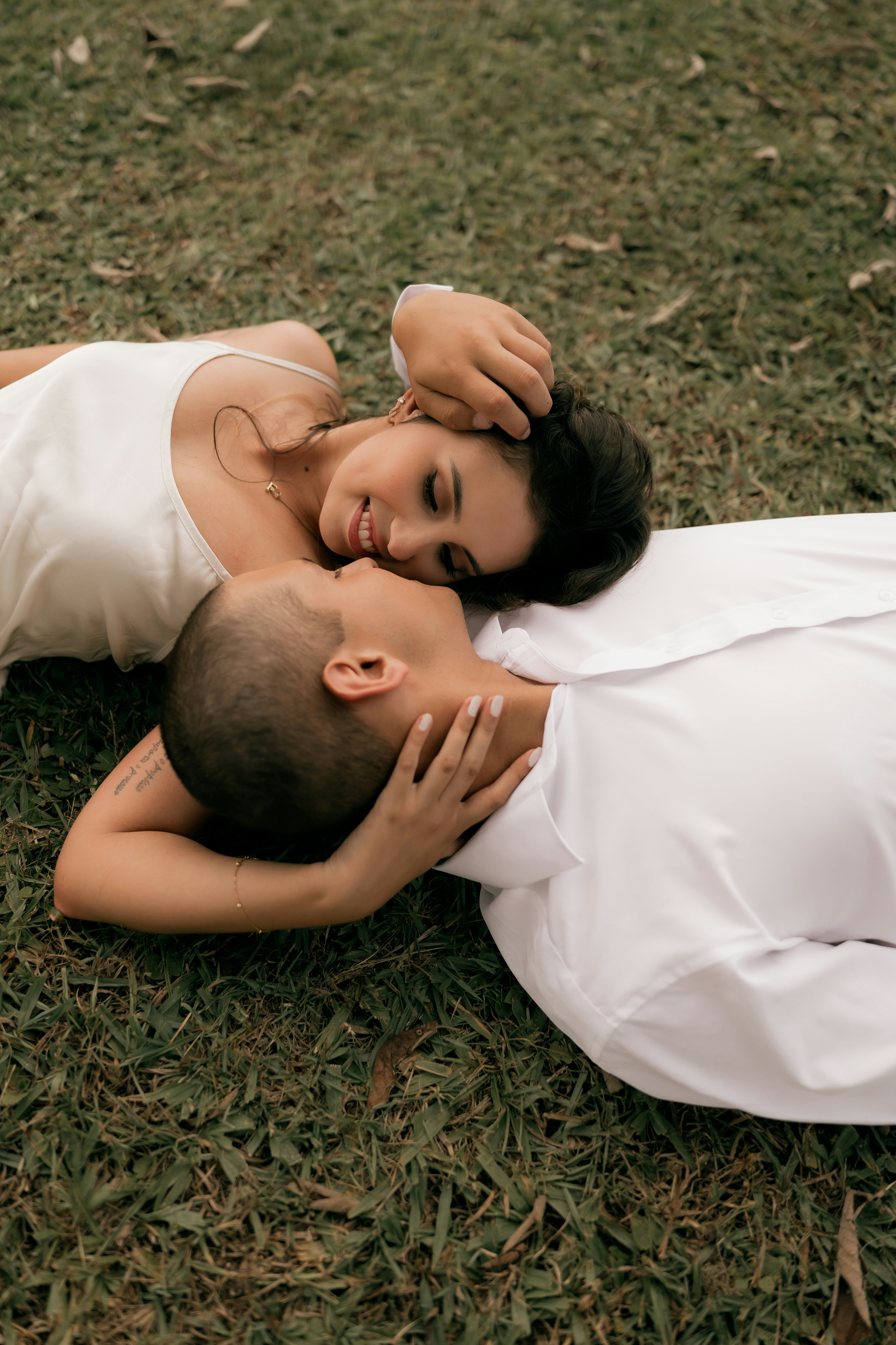 Tender Caress in the Grass: Lovers Share a Quiet Moment
