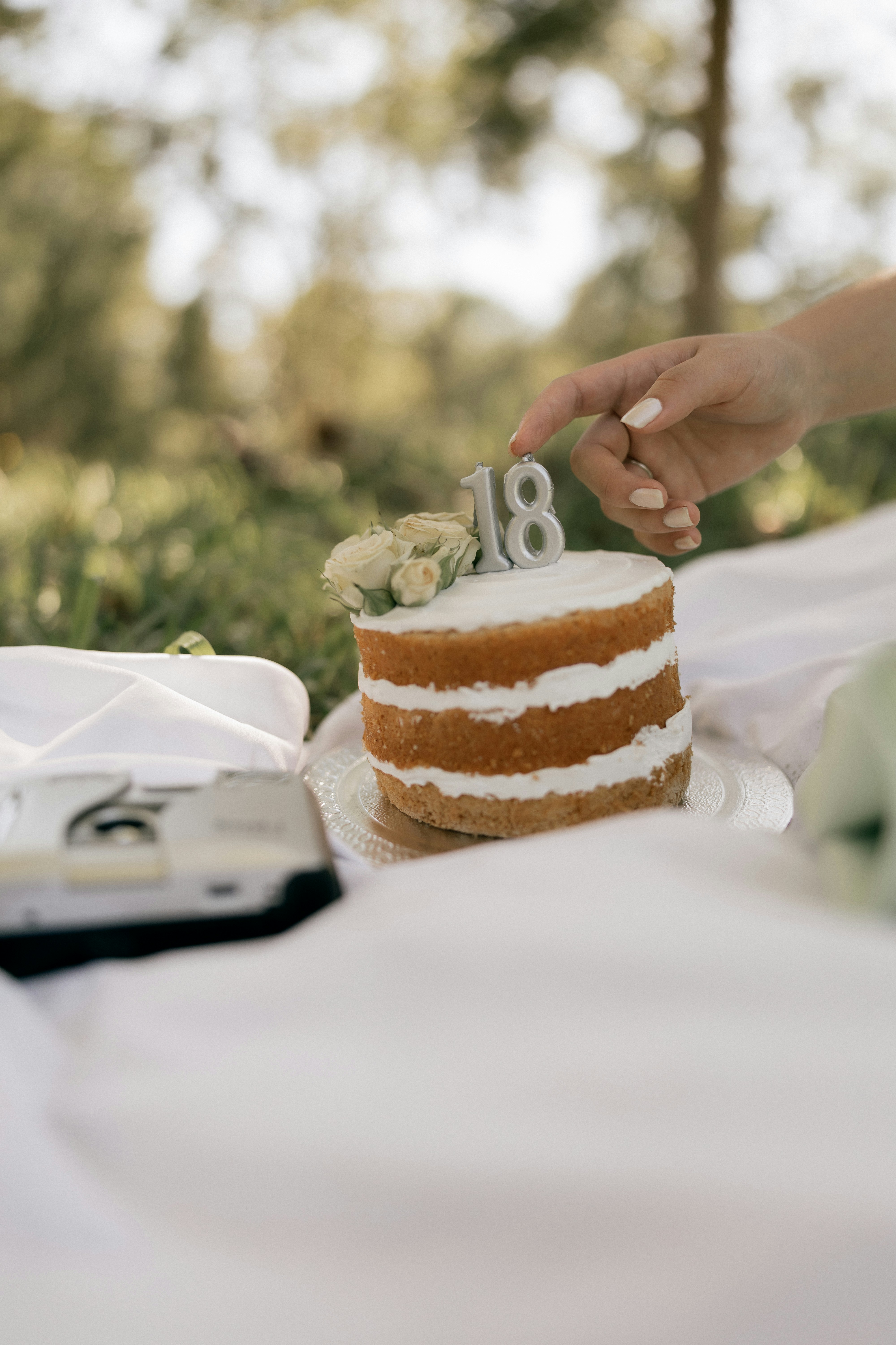 The Cake Moment: Blurred Garden Evening and a Hand Lifting the Number 18