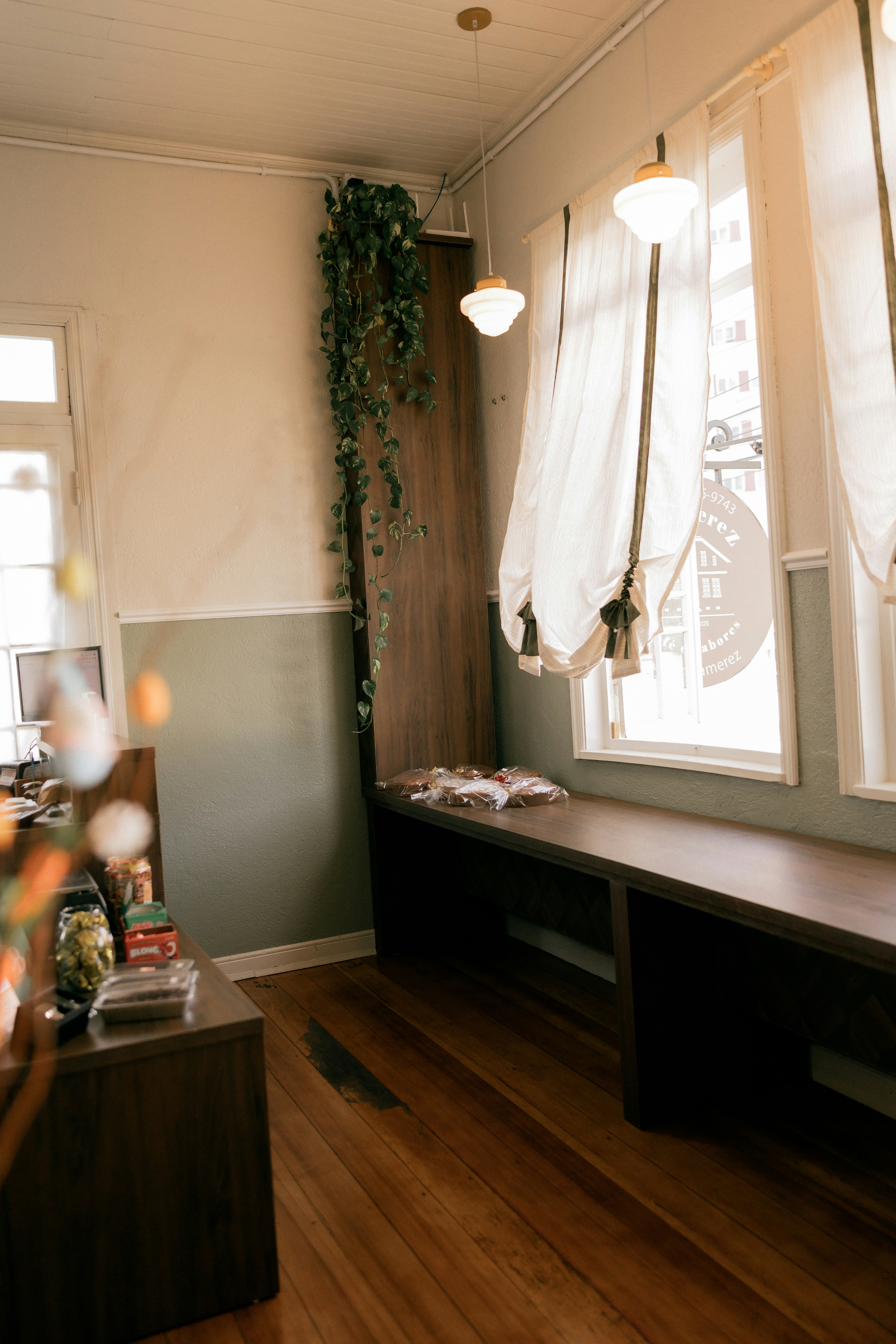 Sunlit nook with hanging greenery and sheer curtains
