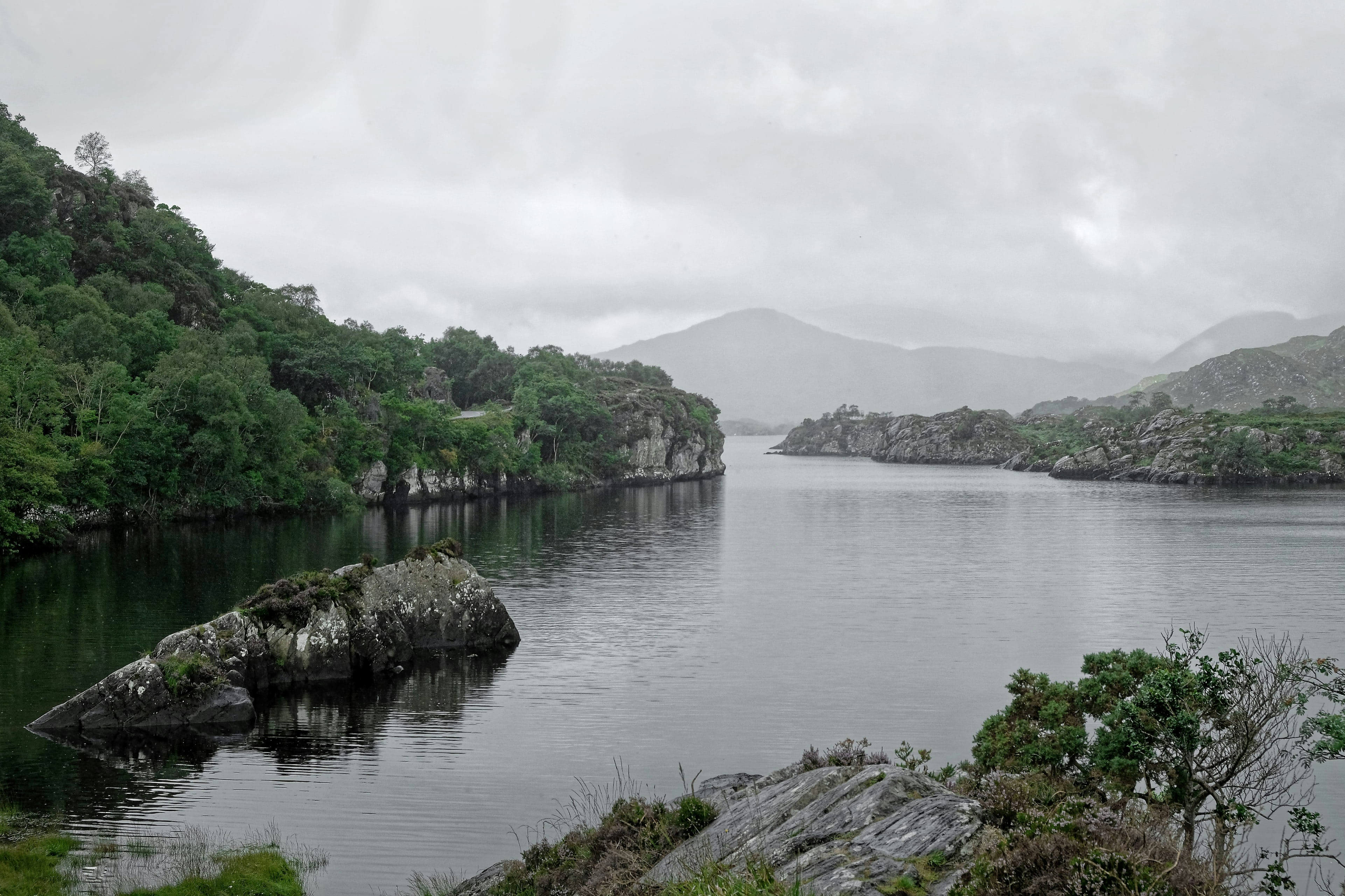 Misty inlet between rugged islets