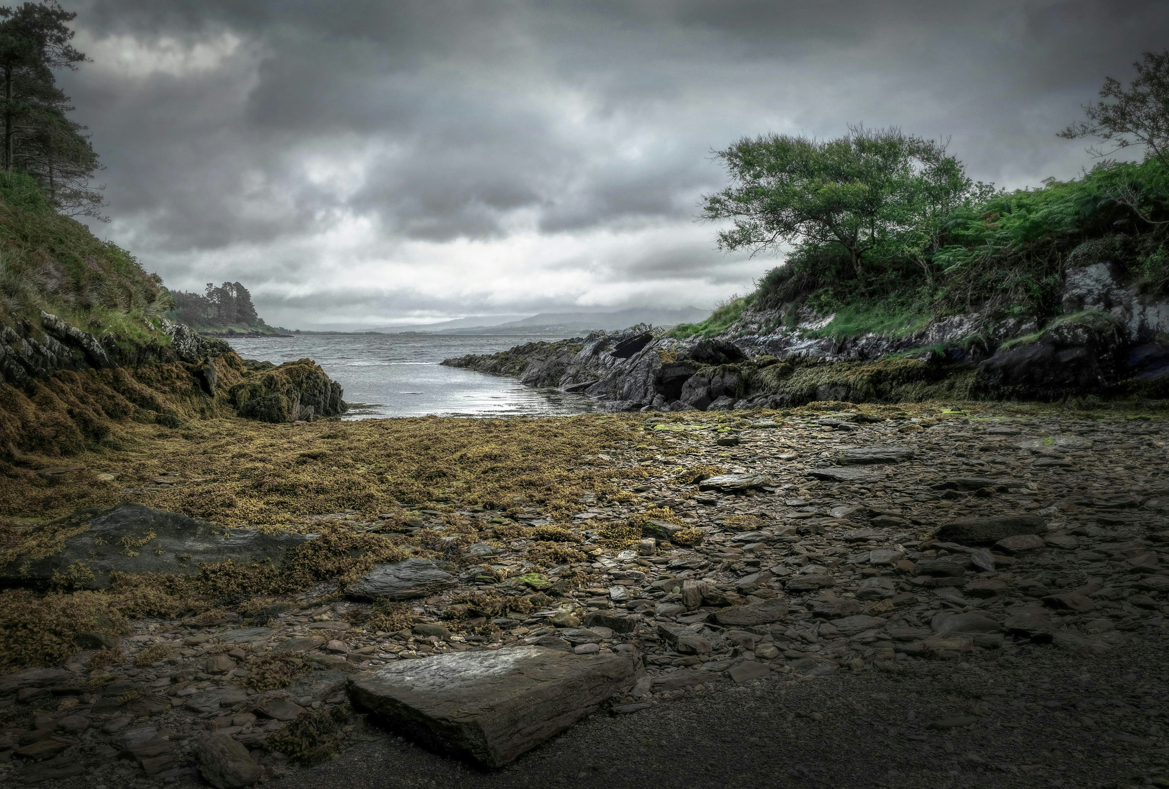 Tide-worn shoreline under brooding skies